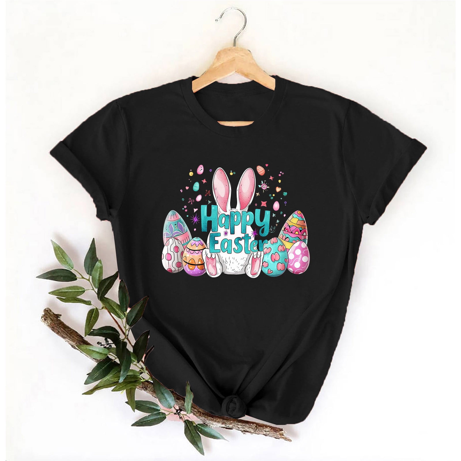 Aobny Easter Cute Women's Leisure T-Shirts Rabbits Black Clothes ...