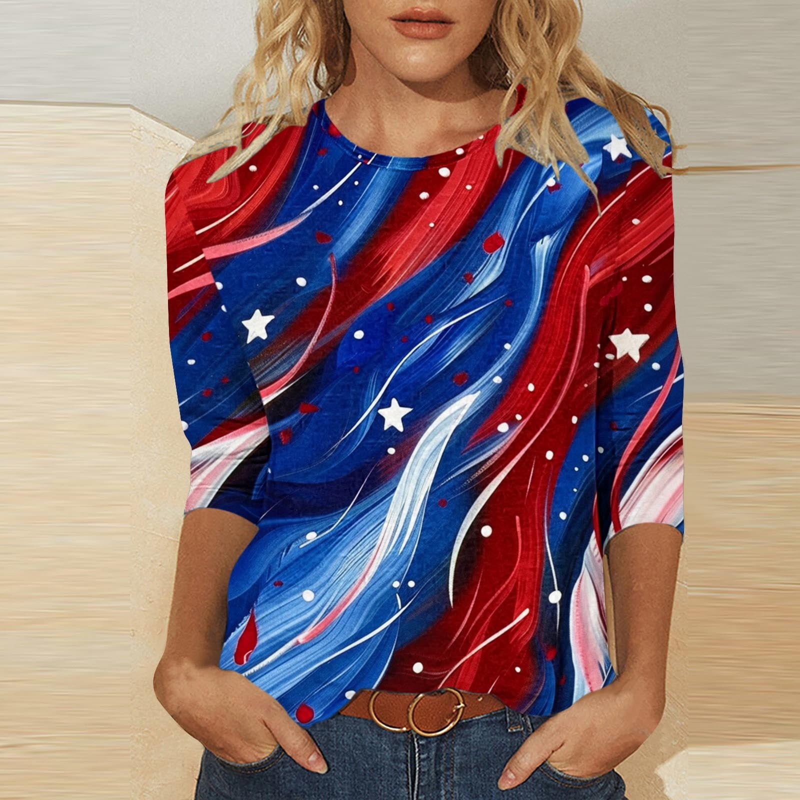 Aobny Elegant Tops for Women Plus T-Shirt 3/4 Sleeve Independence Day ...