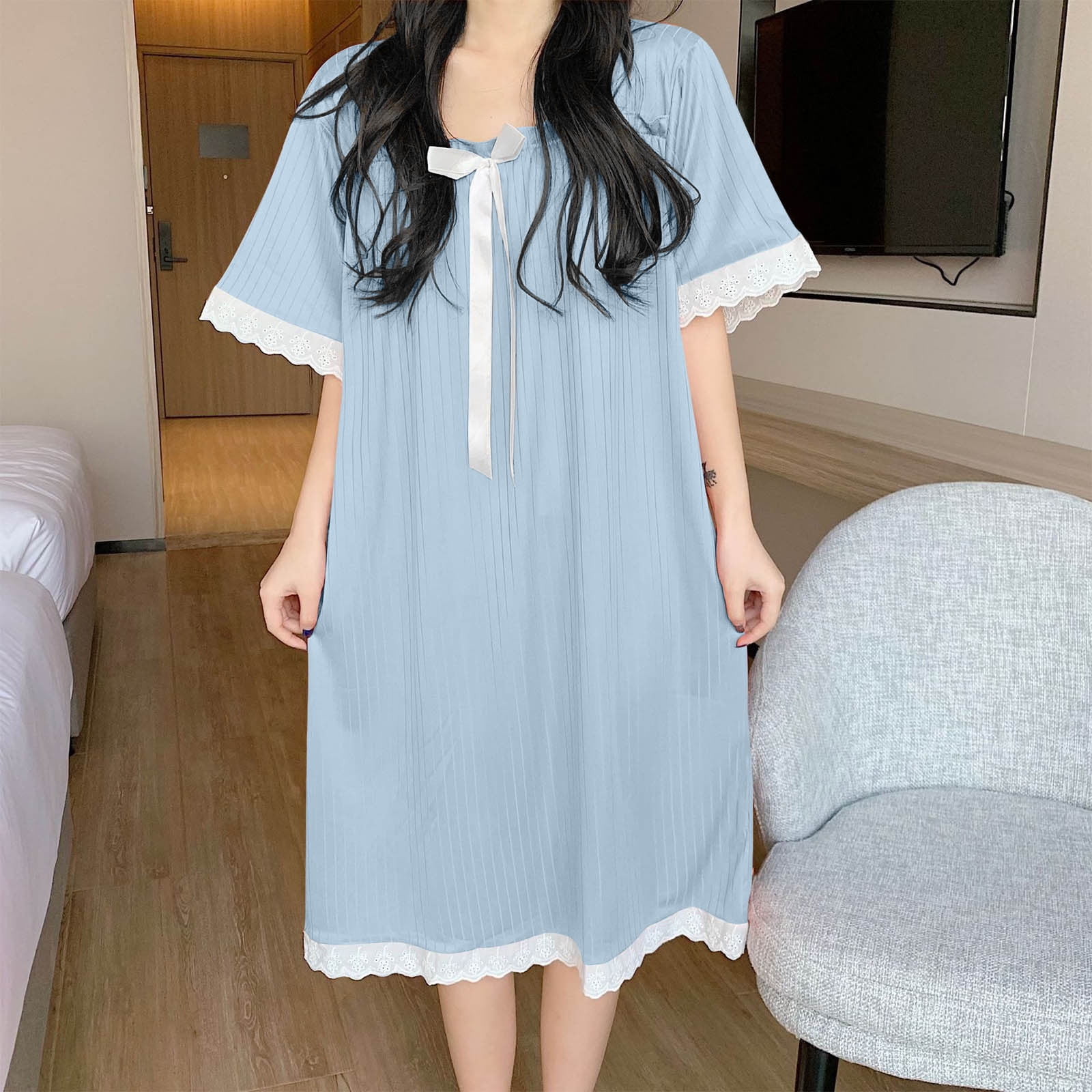 Aobny Elegant Women's Nightgowns Blue Ribbed Moomoo Nightgowns Short ...