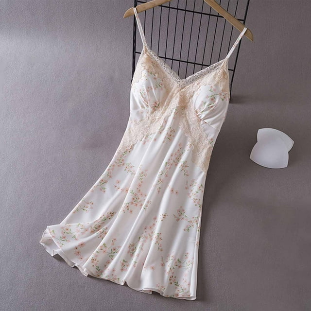 Aobny Everyday Nightgowns For Womens White Lace Floral Sleep Dresses Short Sleeveless V Neck