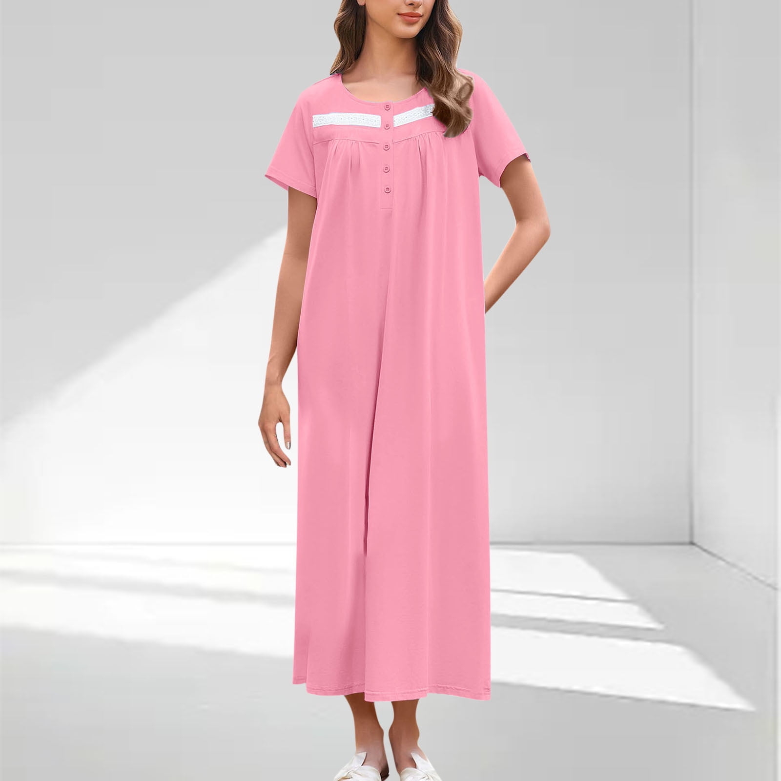 Aobny Everyday Women's Nightgowns Moomoo Solid Pink Nightgowns Short Sleeve Crew Neck Long Teens ...