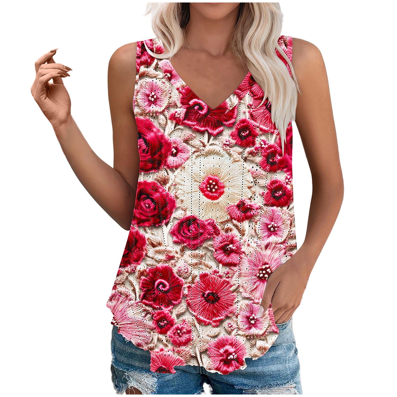 Aobny Eyelet Hiking Casual Women's Tank Tops Peasant Pink Tops V-Neck ...