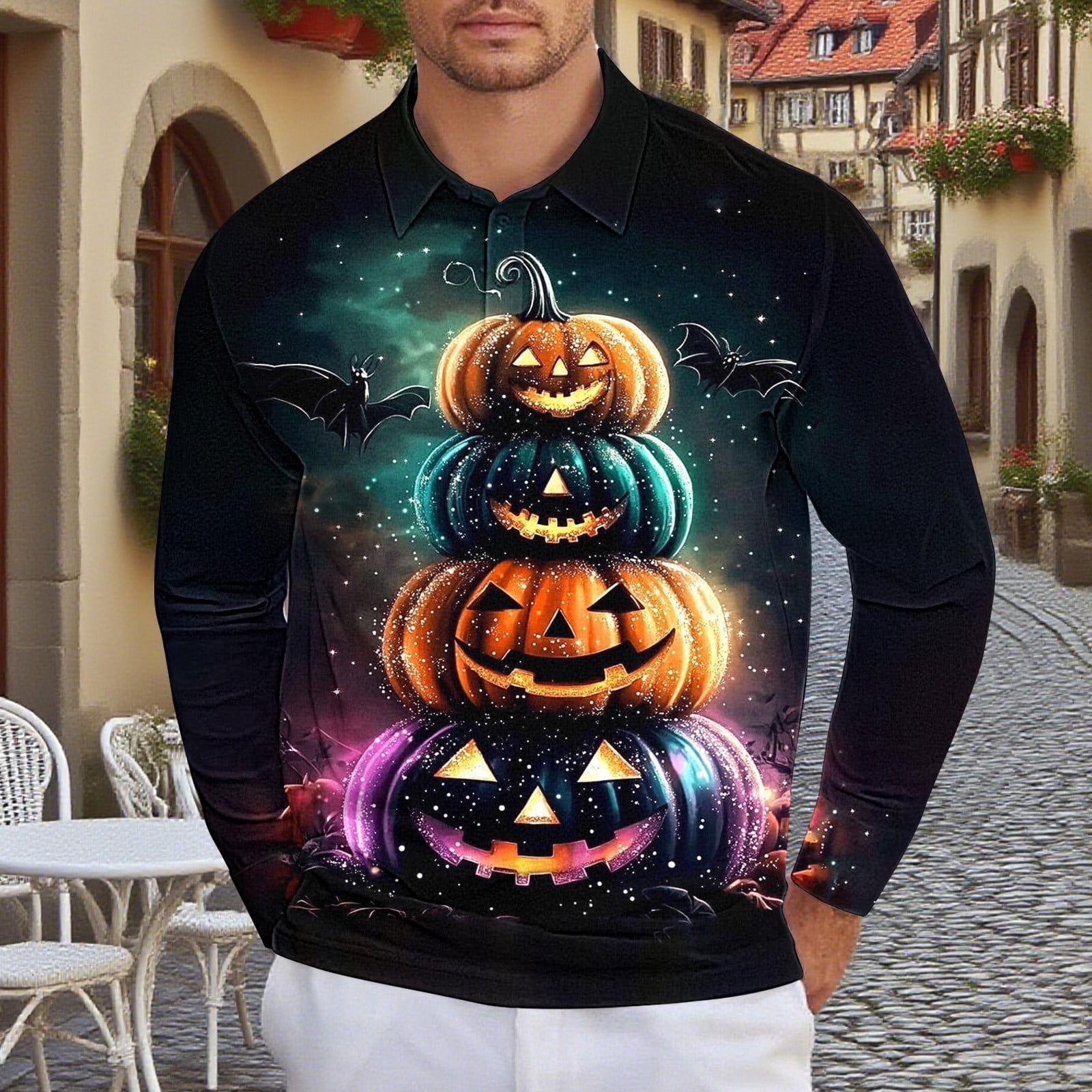 Aobny Fall Shirts Long Sleeve Graphic Collared Button T-Shirt Big ...