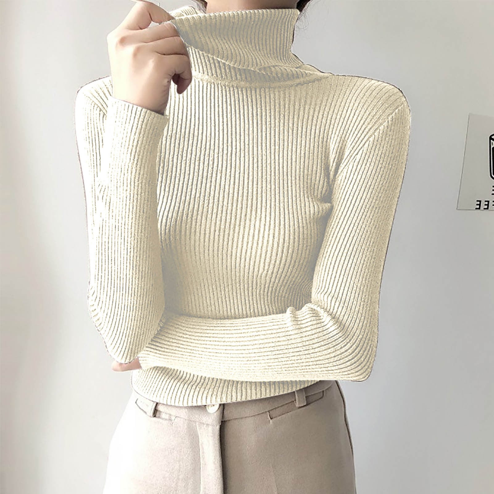 Aobny Fall Womans Tops Beige Sweater Long Sleeve Basic Turtleneck Solid ...