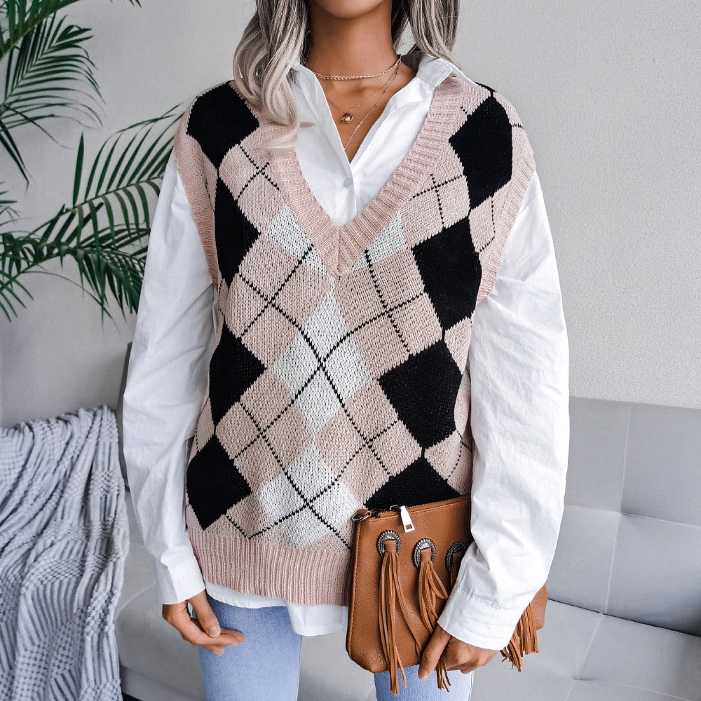 Aobny Fall Womens Sweaters Sweater Vest Pink Sleeveless V-Neck Argyle Knitted Pullover Ladies ...