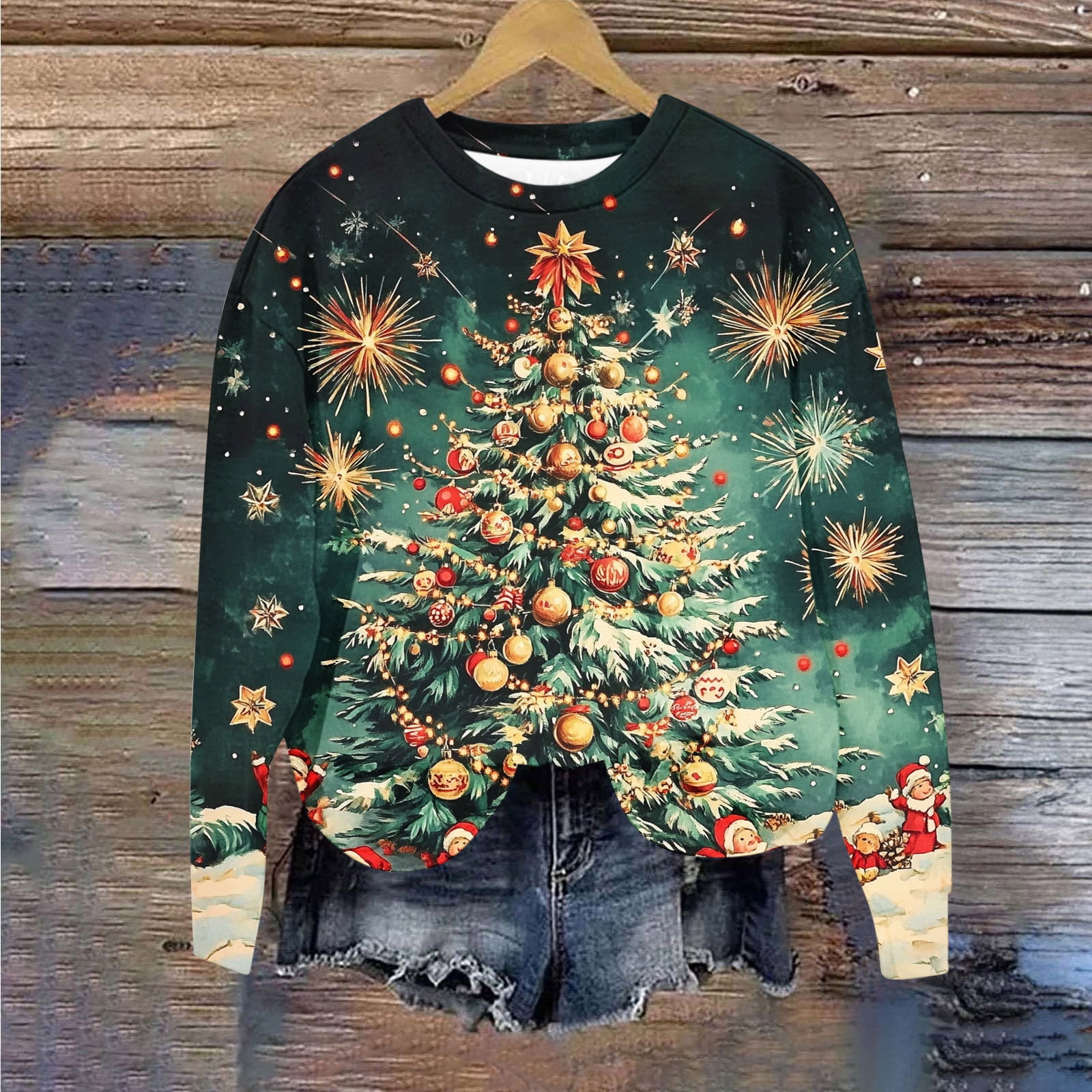 Aobny Fancy Casual Sweatshirts For Women Santa Christmas Tops Long