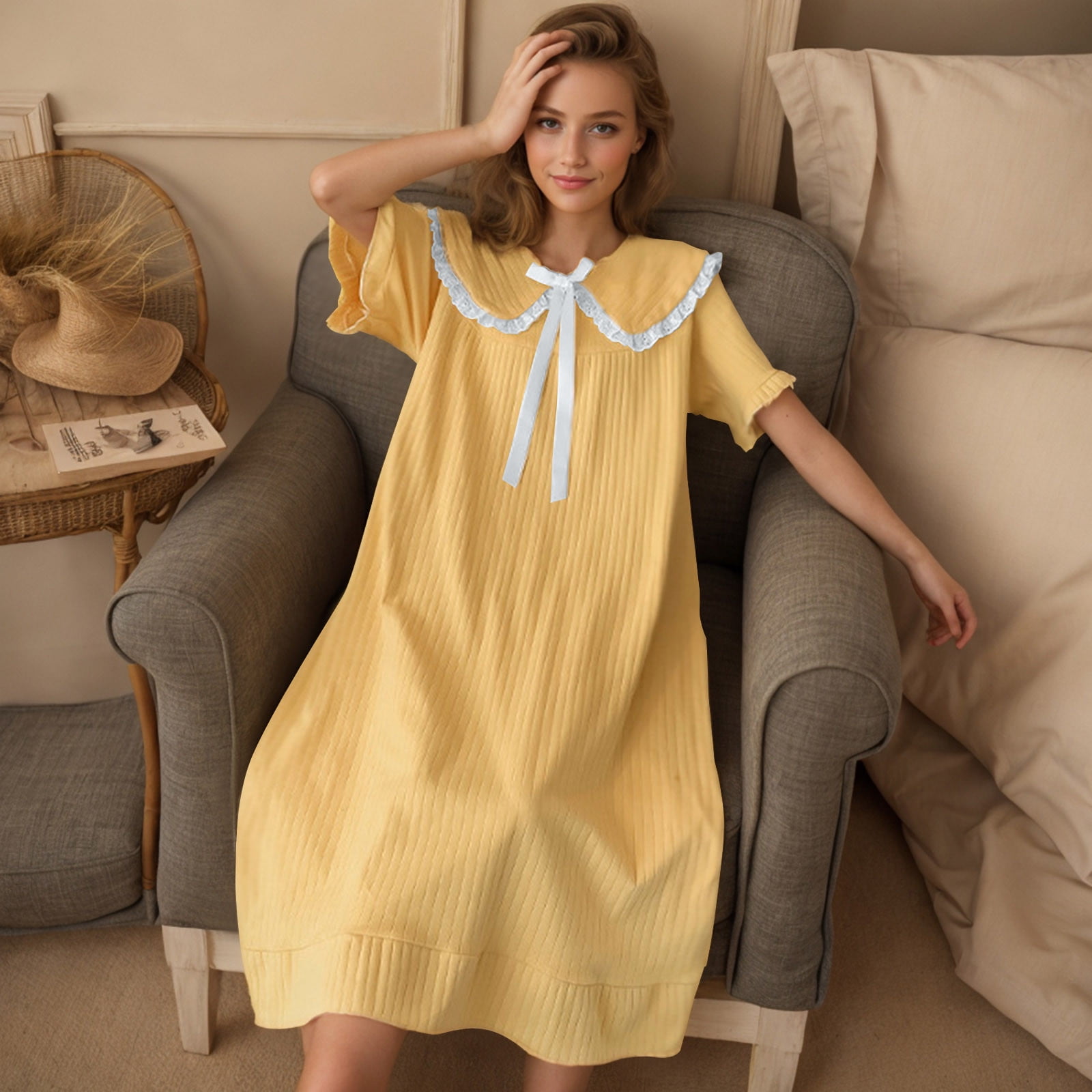 Aobny Fancy Nightgowns for Women's Ruffle Yellow Moomoo Nightgowns Long ...
