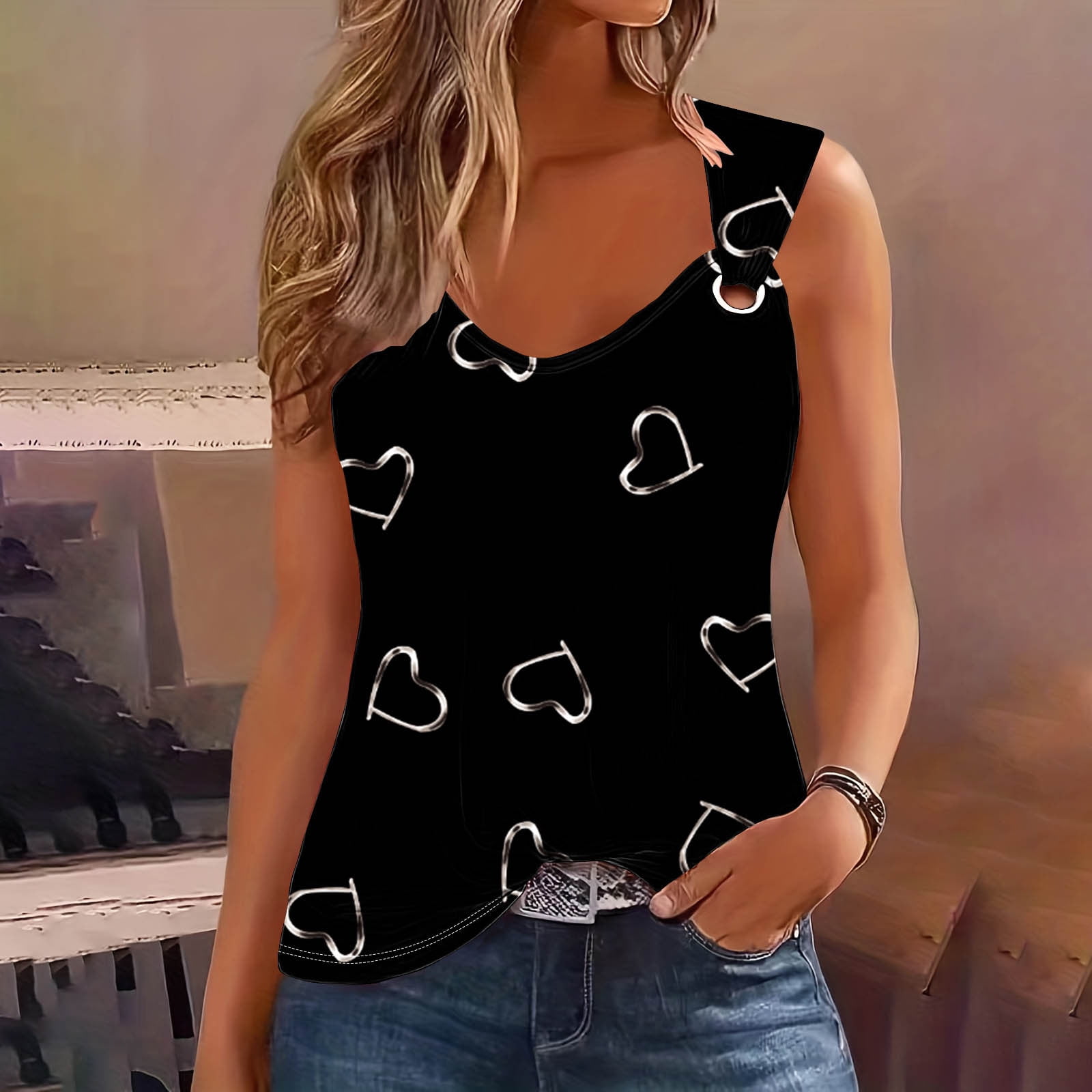 Aobny Fashion Dressy Tank Tops for Women's Flowy Ring Black T-shirts V ...