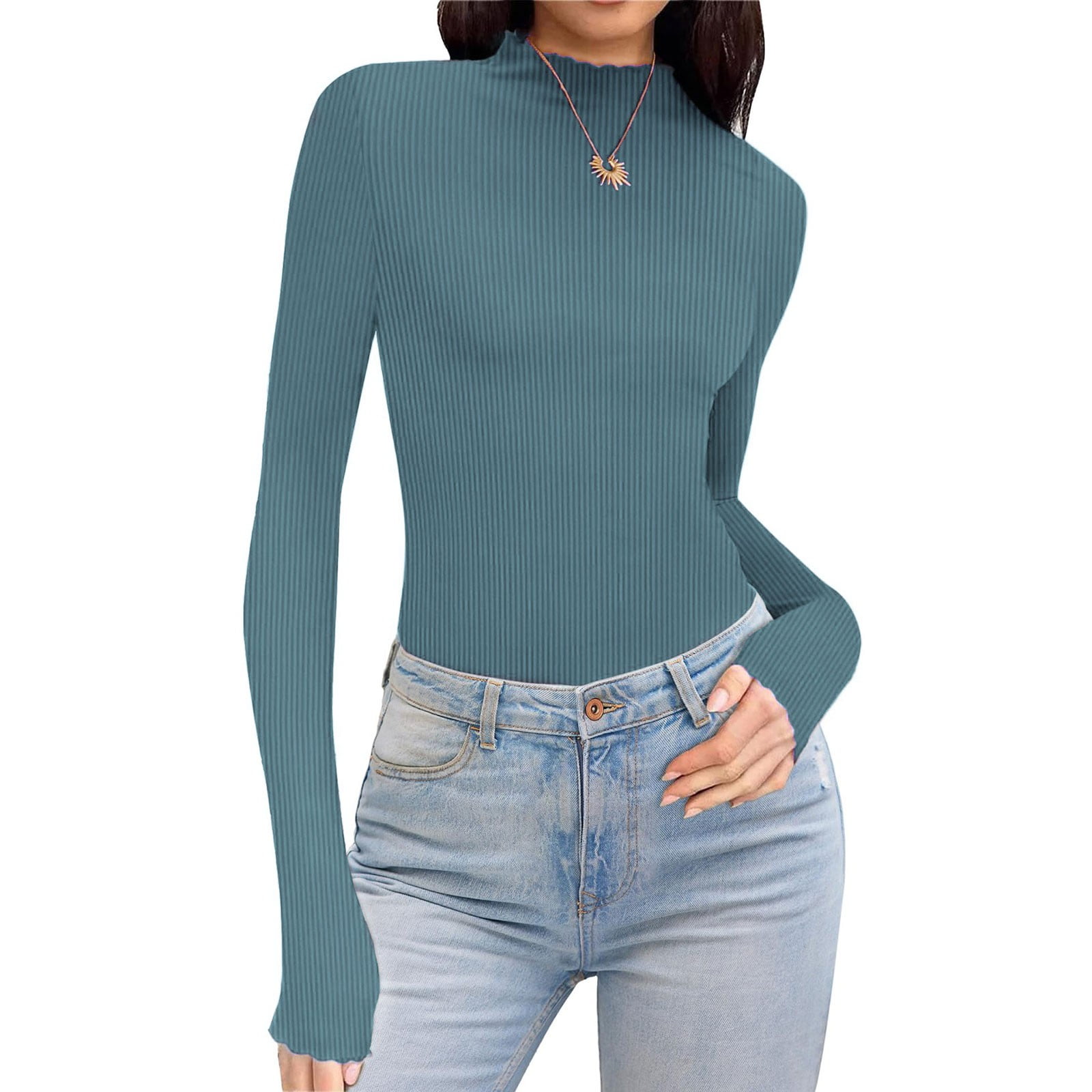 Aobny Fashion Tops for Woman Basic Blue Mock Neck Solid Fitted Long ...