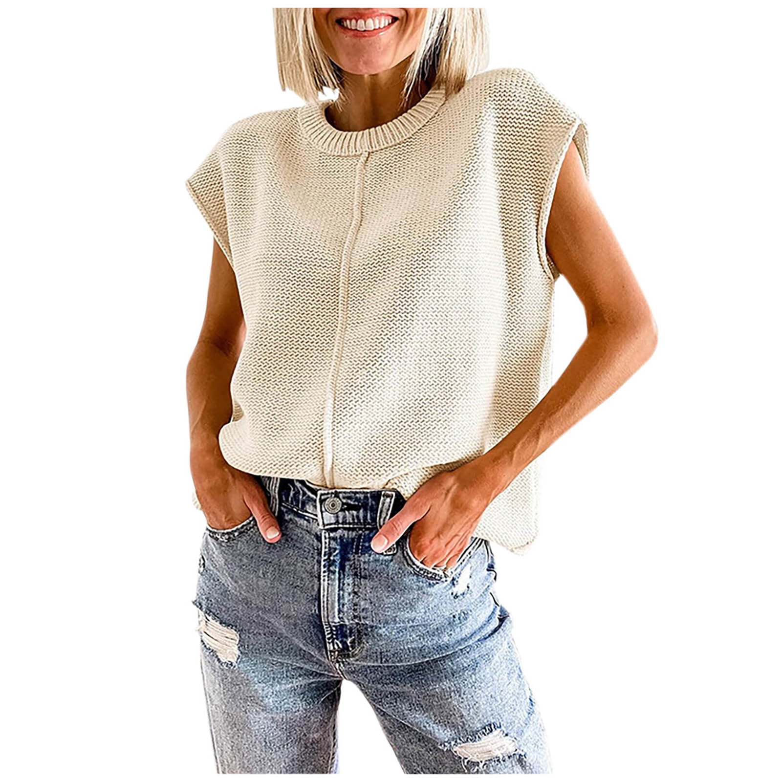 Aobny Fashion Tops for Woman Beige Sweater Knit Short Sleeve Solid Crew Neck Pullover Tops for ...