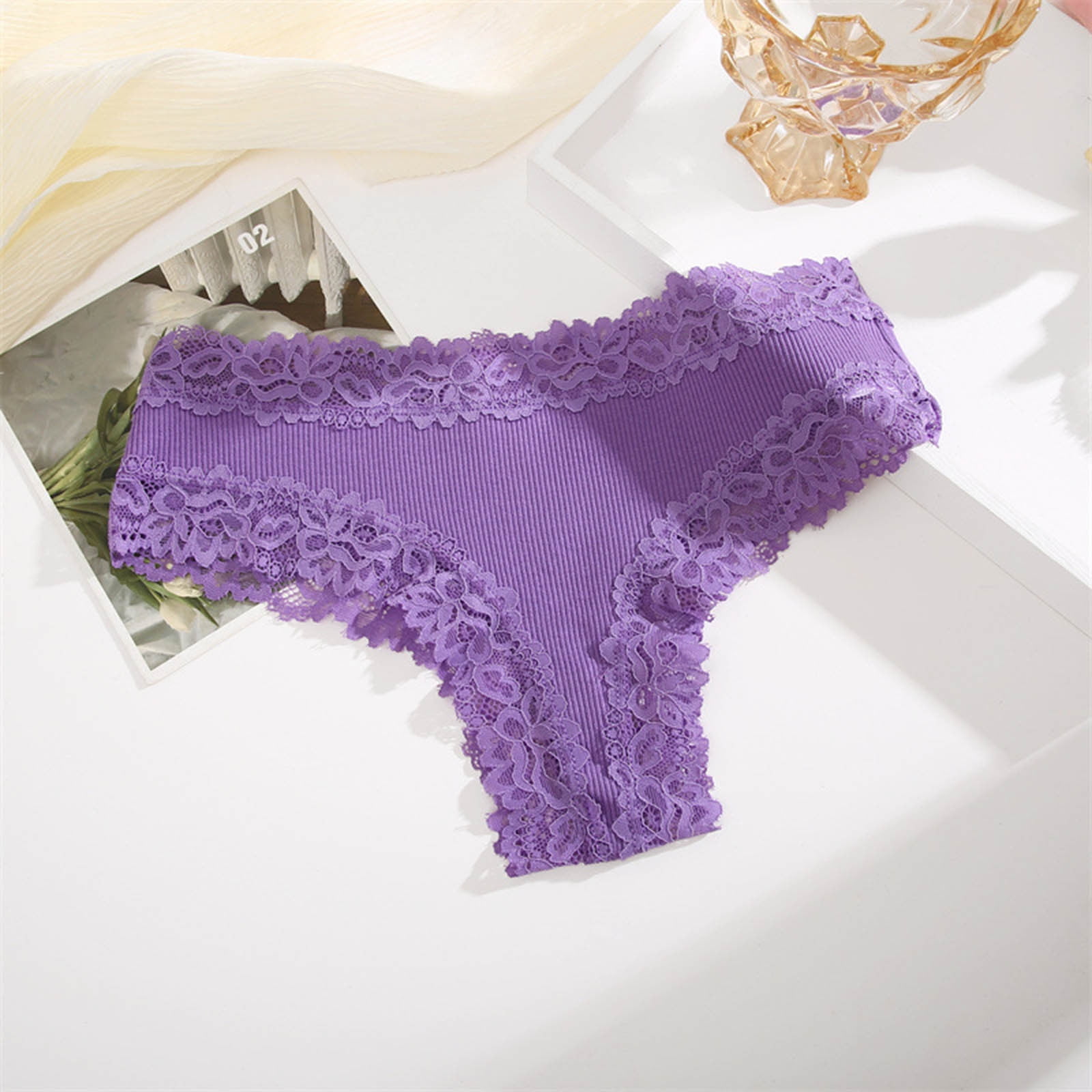 Aobny Fashion Women's Panties Purple Lace Trendy Thongs No Show Cotton ...