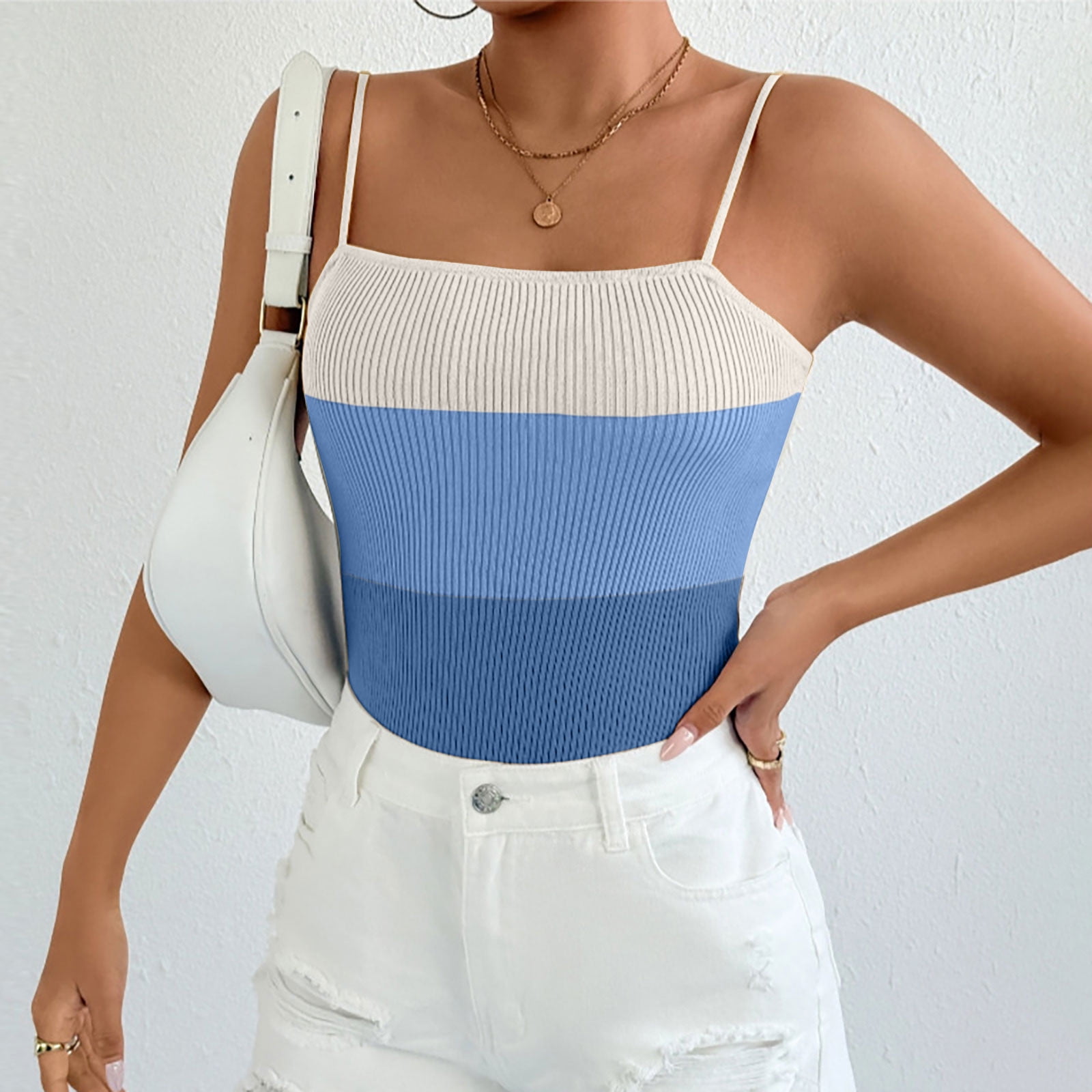 Aobny Fitted Casual Women's Tank Tops Blue Ribbed Basic Tops Color ...