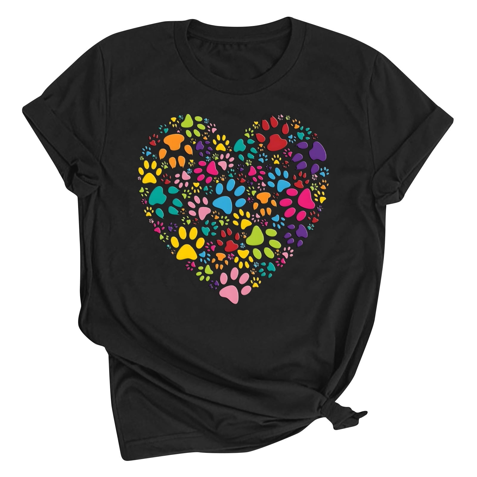 Aobny Fitted Women's Plus Casual T-Shirt Rainbow-Print Black Tops Short Sleeve Crew Neck Heart ...