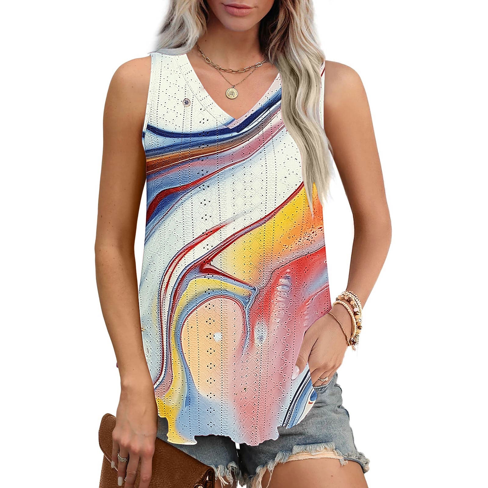 Aobny Fitting Casual Women's Tank Tops Pretty Eyelet Tops V-Neck ...