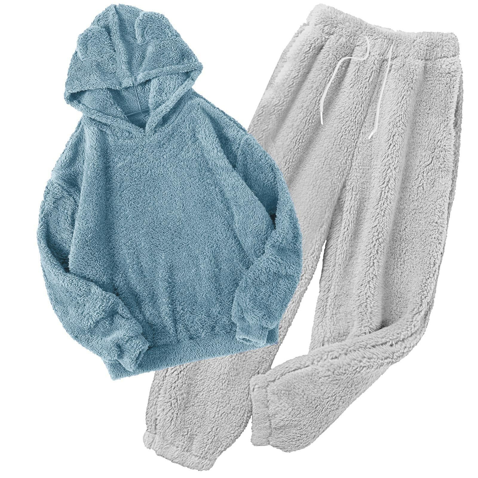 Aobny Fleece Cozy Women's Pajamas 2 Piece Gray Sleepwear Sets Jogger ...