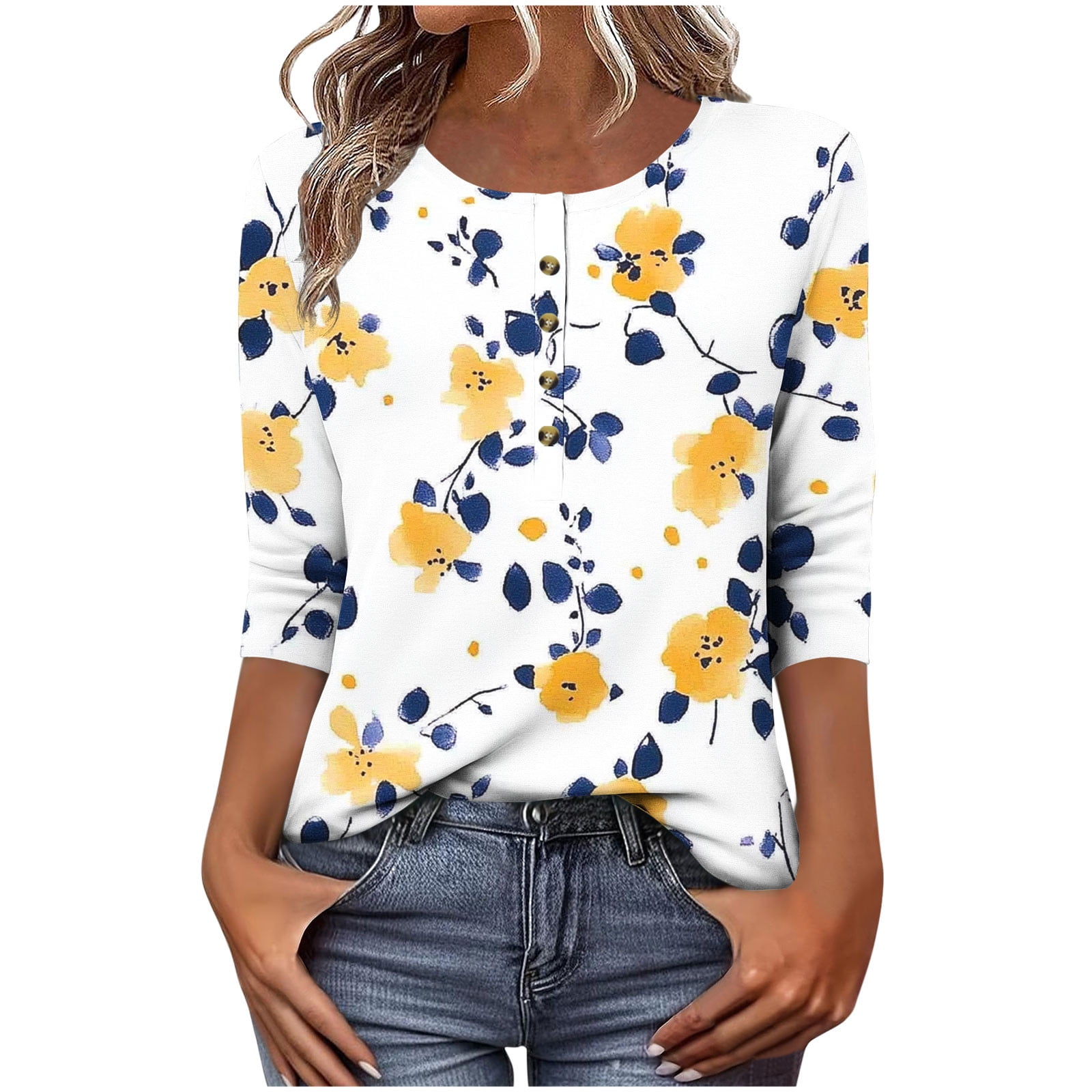 Aobny Floral Women Tshirt Yellow Plus Flowy Blouses & Tops Pullover ...