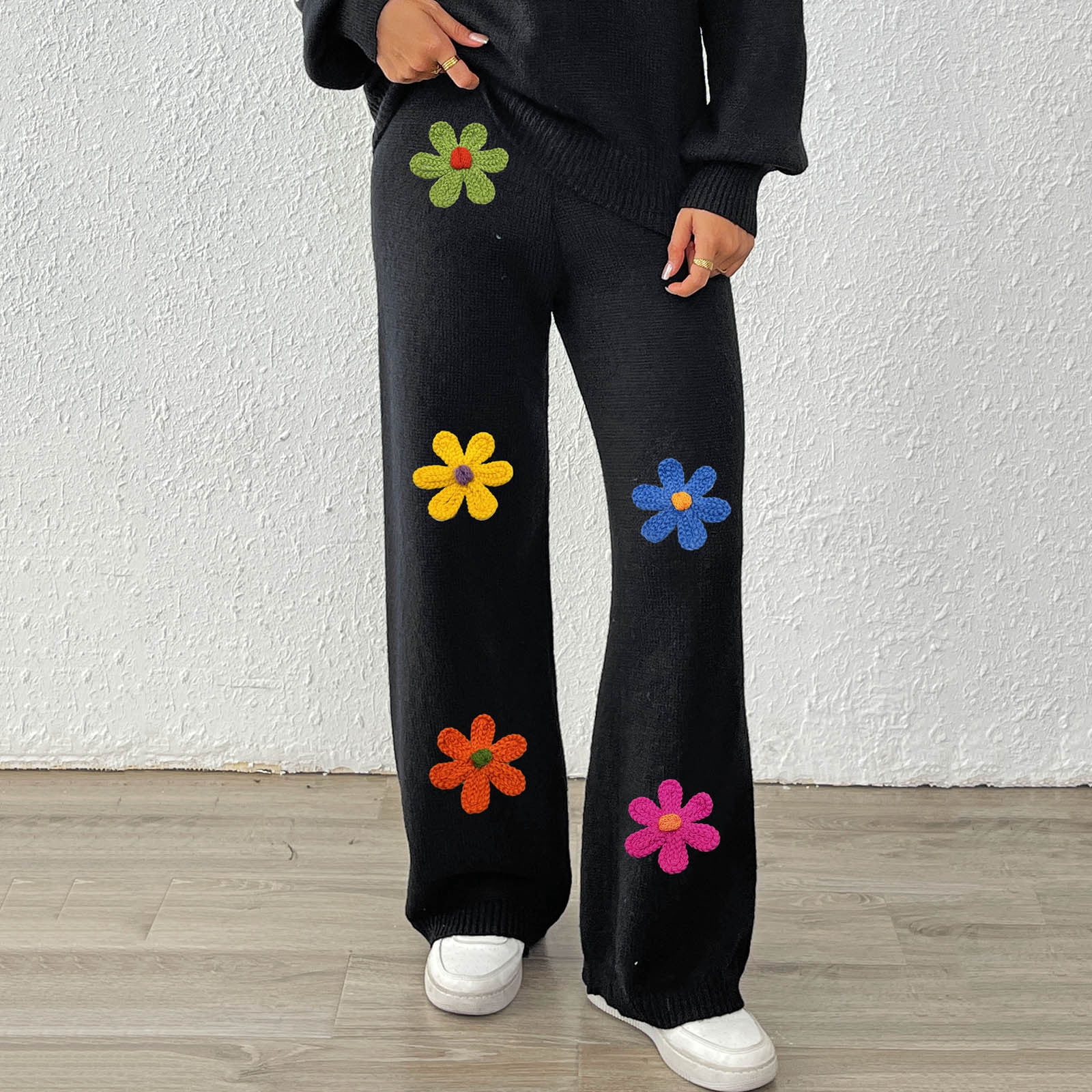 Aobny Floral Women's Work Pants Embroidered Black Pants Full Palazzo ...
