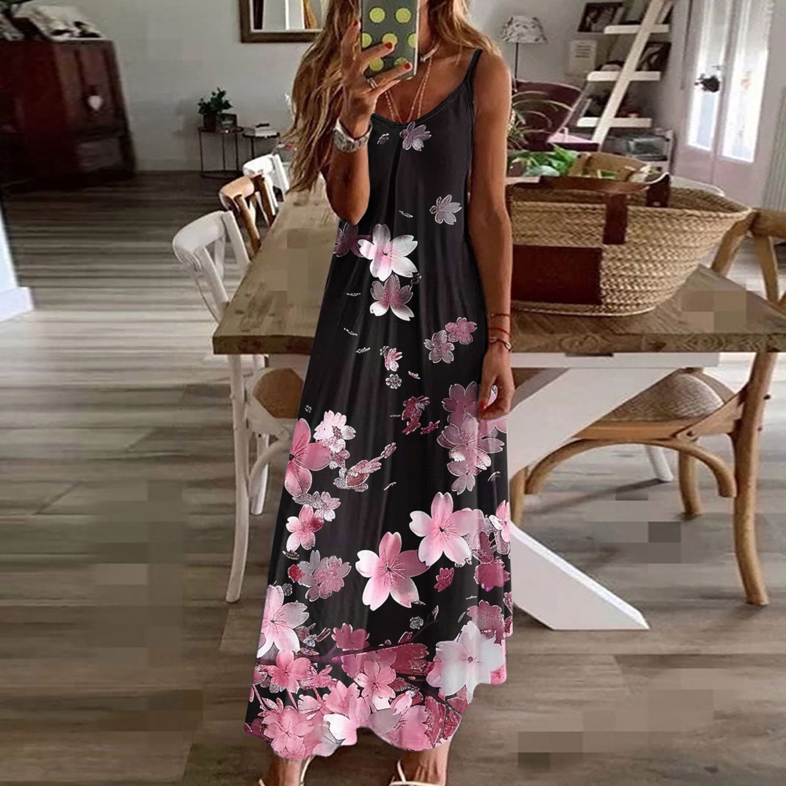 Aobny Flower Spring Dresses for Women Floral Shift Sundress Sleeveless ...