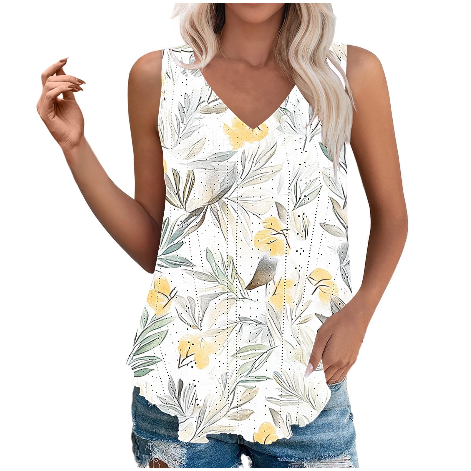 Aobny Flowy Summer Casual Women's Tank Tops Eyelet Yellow Tops V-Neck ...