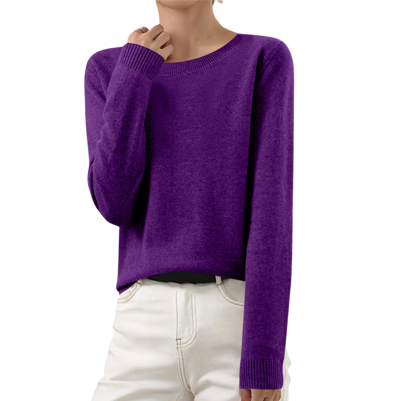 Aobny Going Out Tops for Woman Sweater Purple Crew Neck Solid Knitted ...