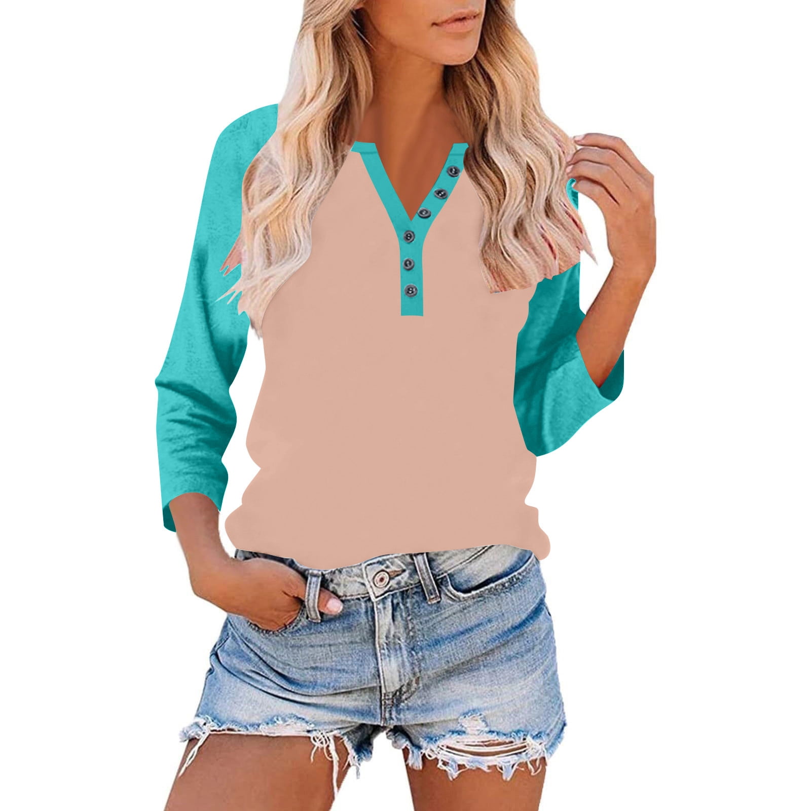 Aobny Going Out Tops for Women Color Block Blue Flowy Raglan 3/4 Sleeve ...