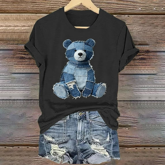 Aobny Graphic Work Blouse Ripped Womens T-shirts Black Pullover Short ...