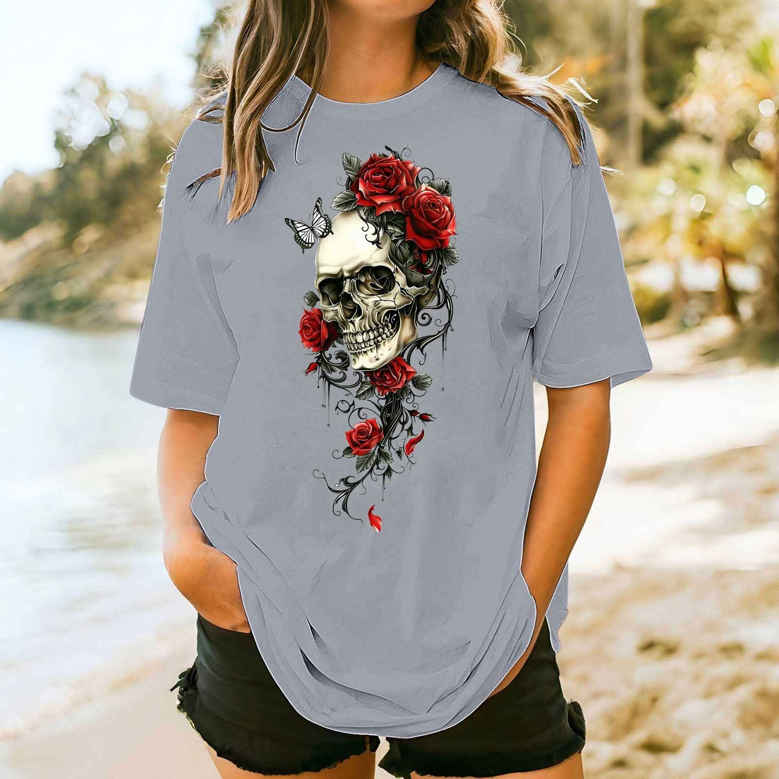 Aobny Gray Cute Spring Tops Women's Plus T-Shirt Elbow-Length Skull ...