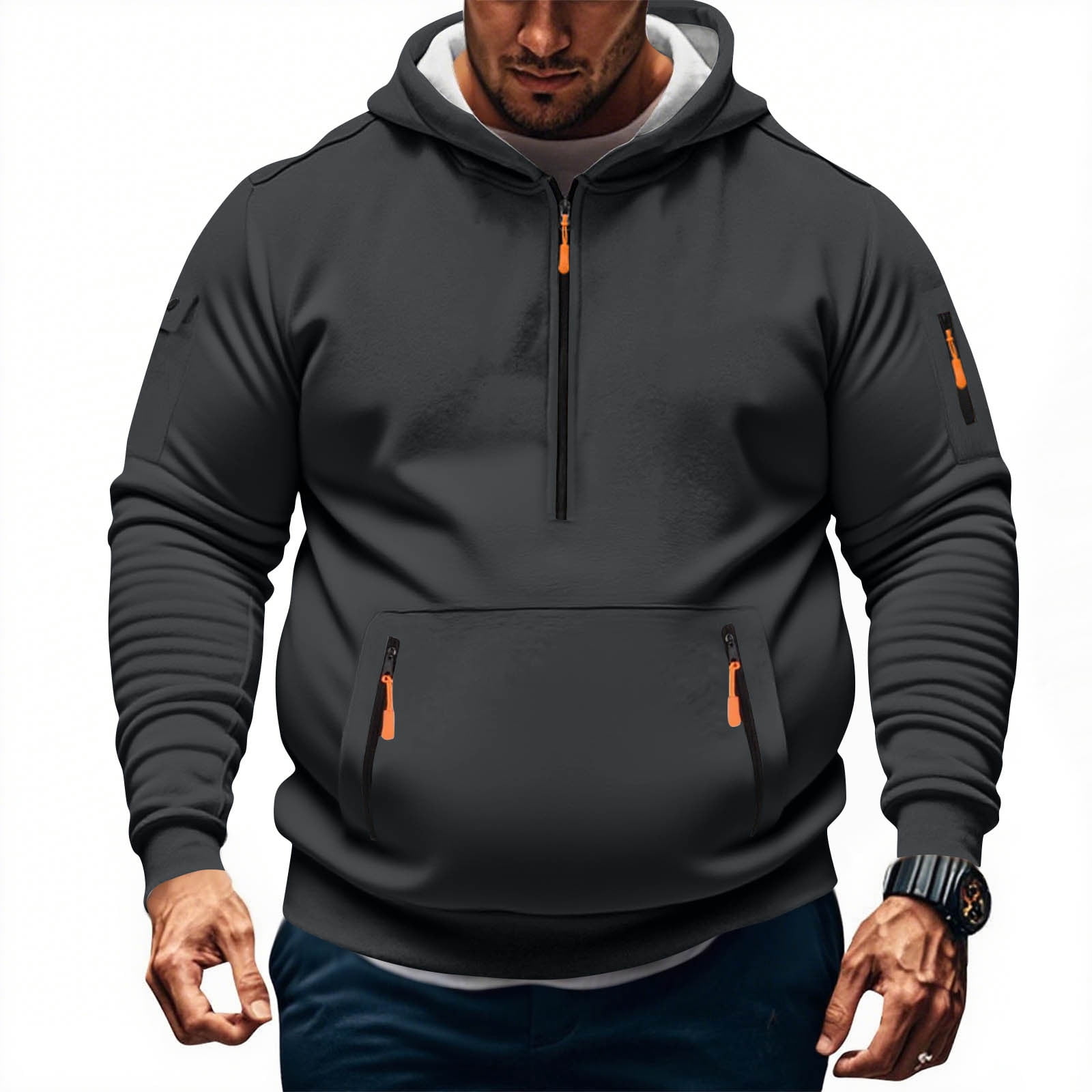 Aobny Gray Sweatshirt Men Hooded Hoodie Plus Size 1/4 Zip Tops Men Work ...