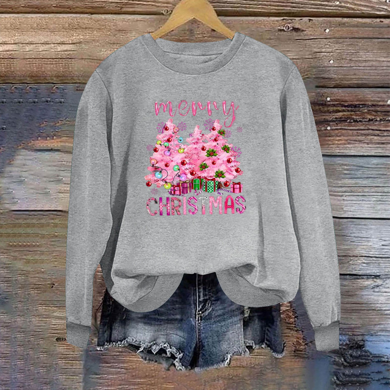 Aobny Gray Trendy Womens Sweatshirts Santa Crew Neck Christmas Long
