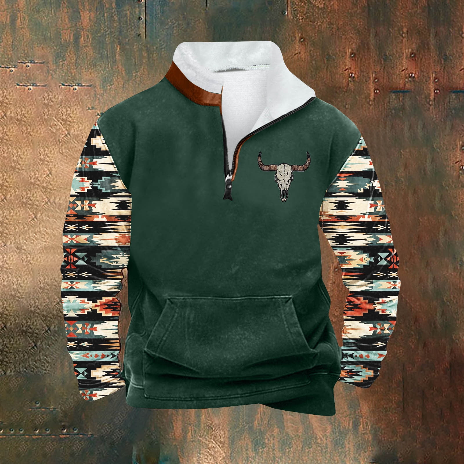Aobny Green Casual Shirts for Men Hoodie Mock Neck Western 1/4 Zip ...