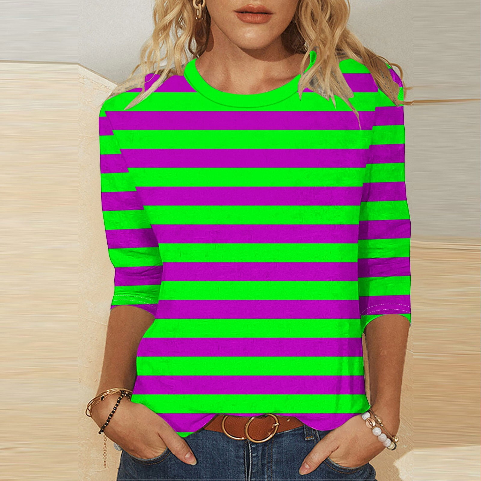 Aobny Green Tops for Women Trendy Summer Oversized Blouse Crew Neck 3/4 ...
