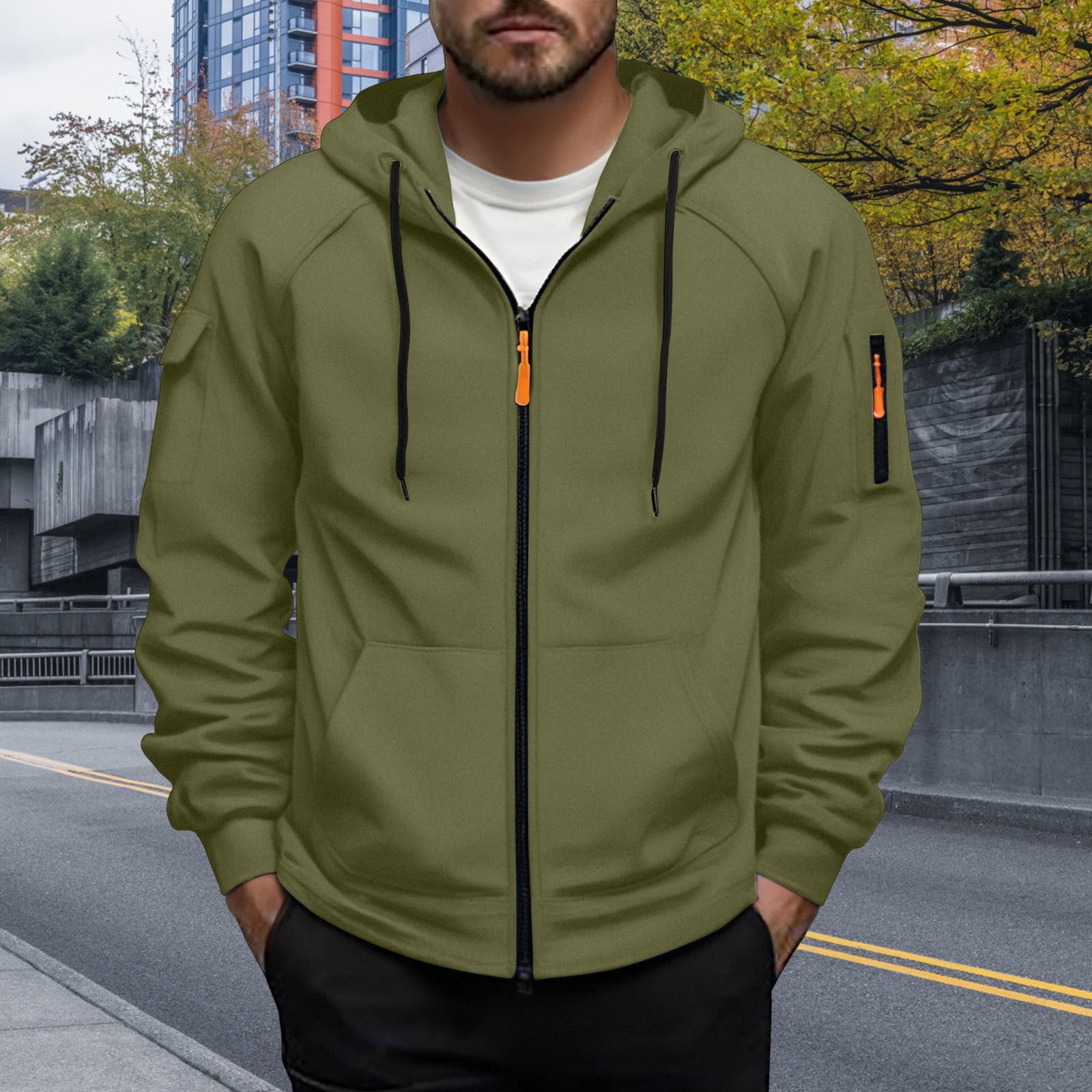 Aobny Green Work Hoodies for Men Hooded Tactical Full Zip Tops Men Boho ...