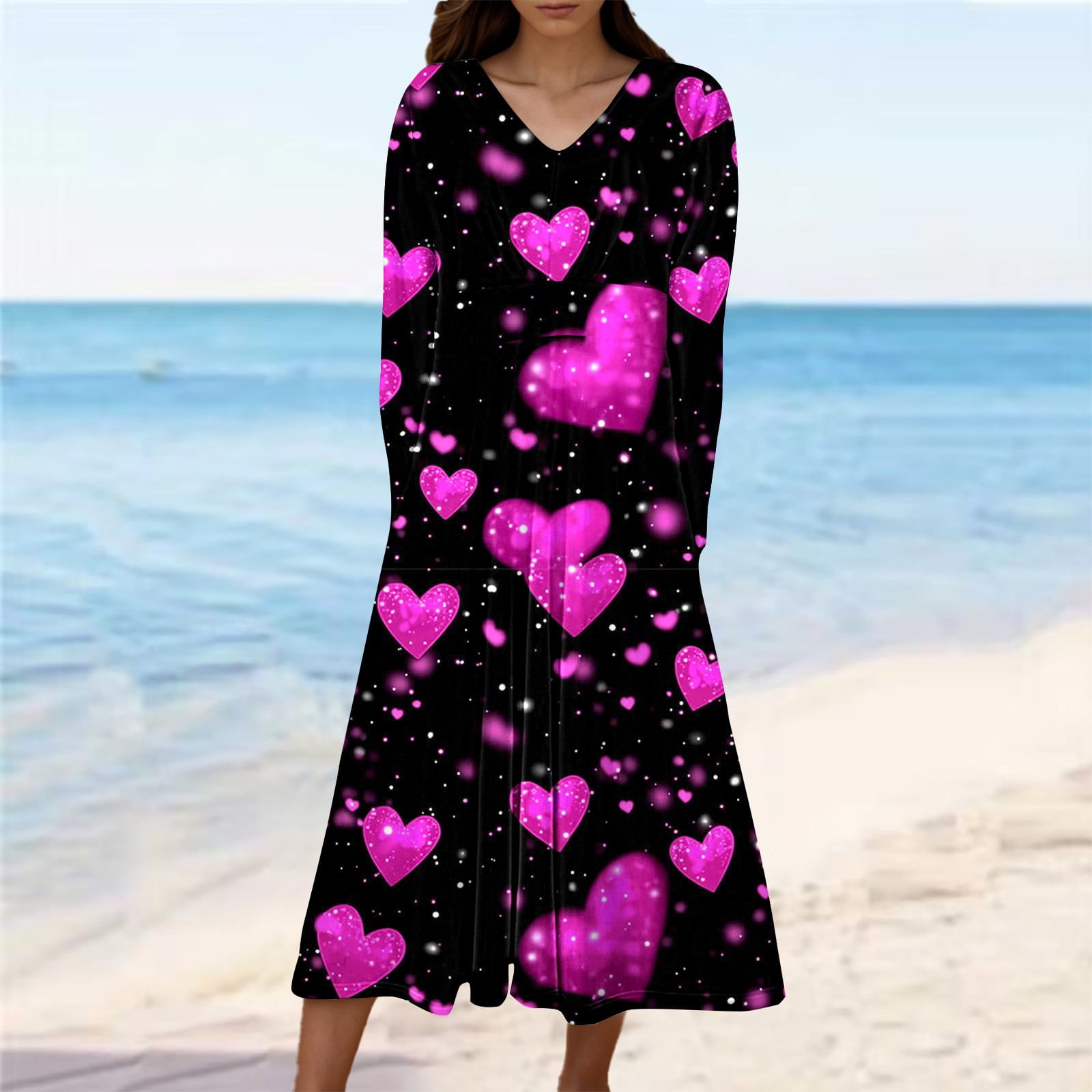 Aobny Heart Sexy Summer Dresses for Women Modest Sunday Shift Midi Long ...
