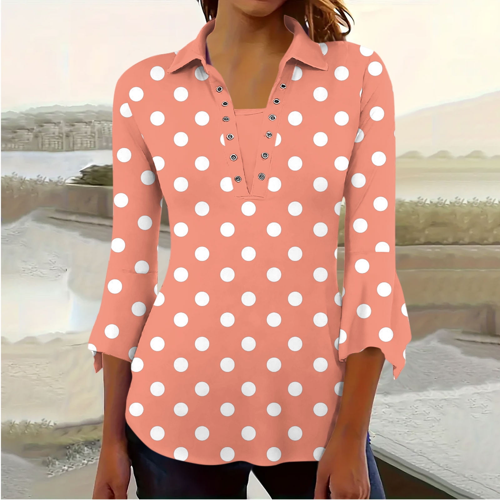 Aobny Hiking Tops Women Ruffle Orange Polka Dot Shirt V-Neck 3/4 Sleeve ...