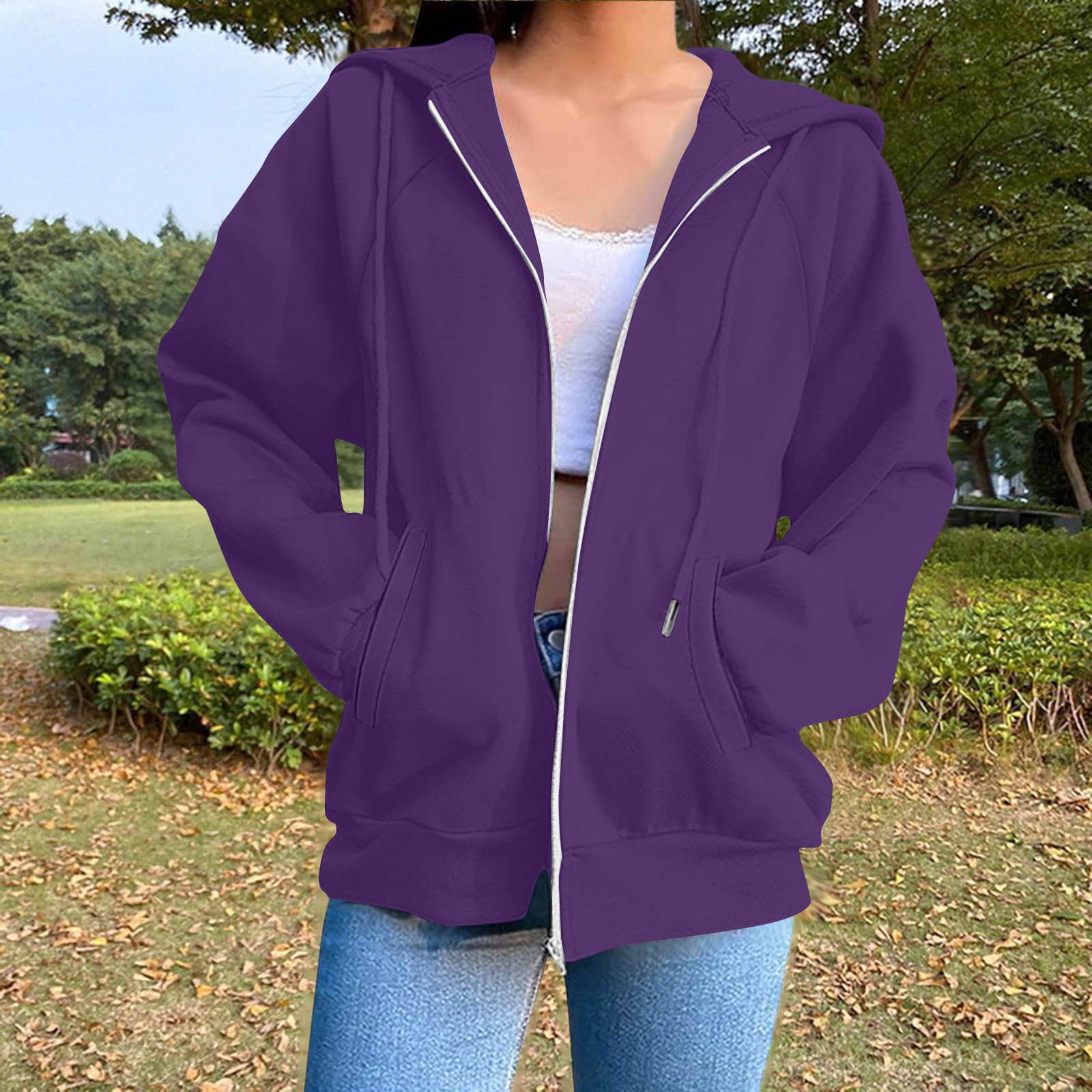 Aobny Hooded Polo Hoodies Long Sleeve Full Zip Purple Women's Plus Tees ...