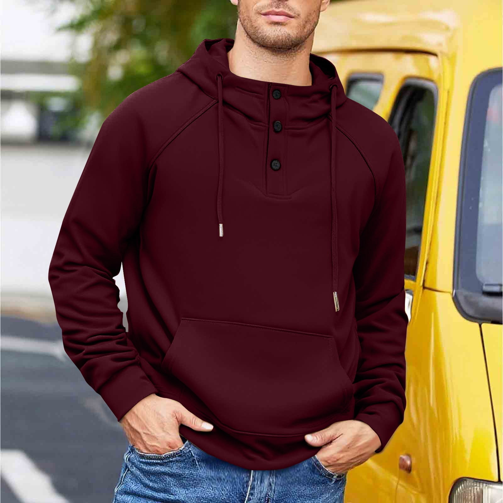 Aobny Hooded Sweatshirts for Men Red Button Up Hoodie Henley Shirts Men ...