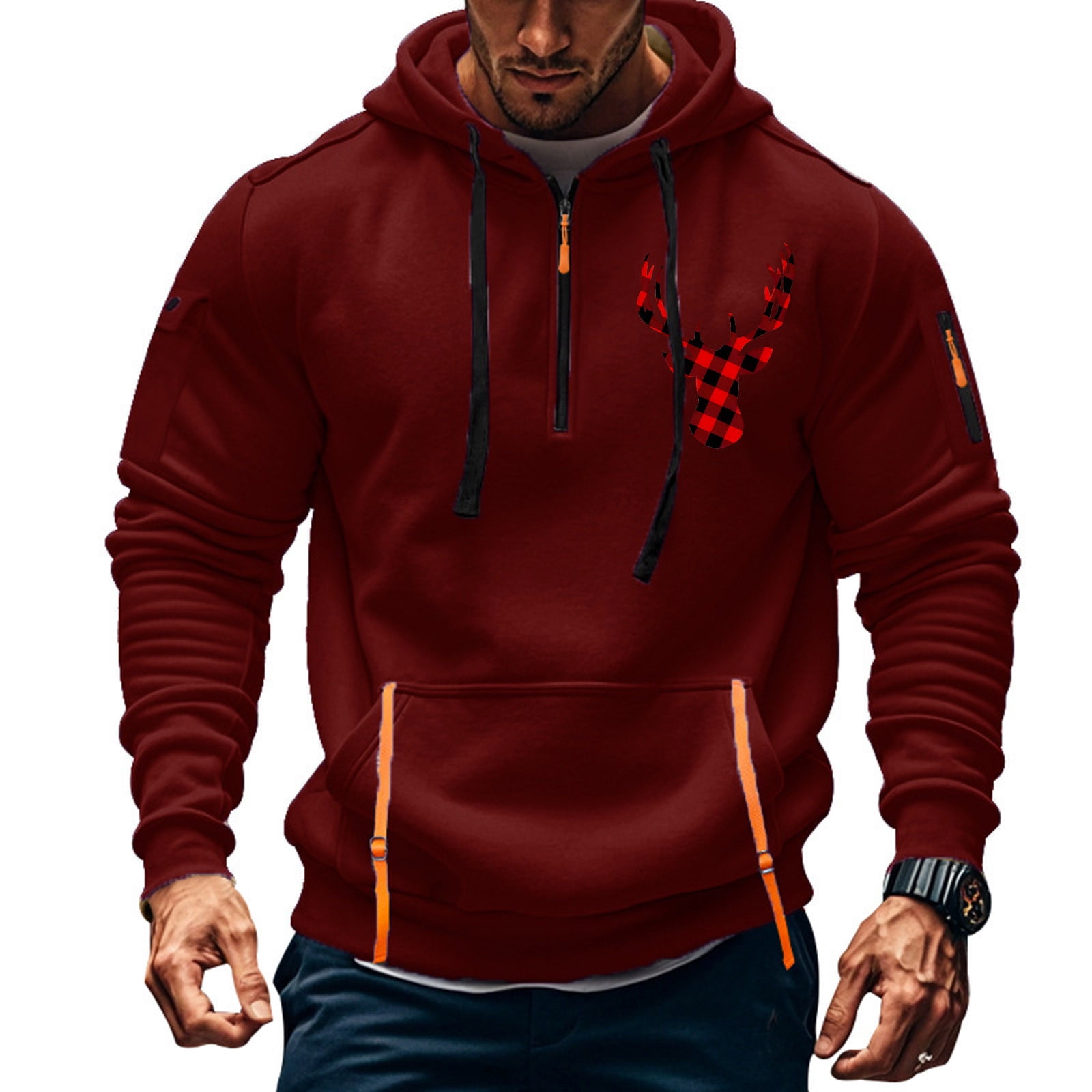 Aobny Hoodie Gym Shirts Men Hooded Plaid Red Tactical Pullover Men Mens ...