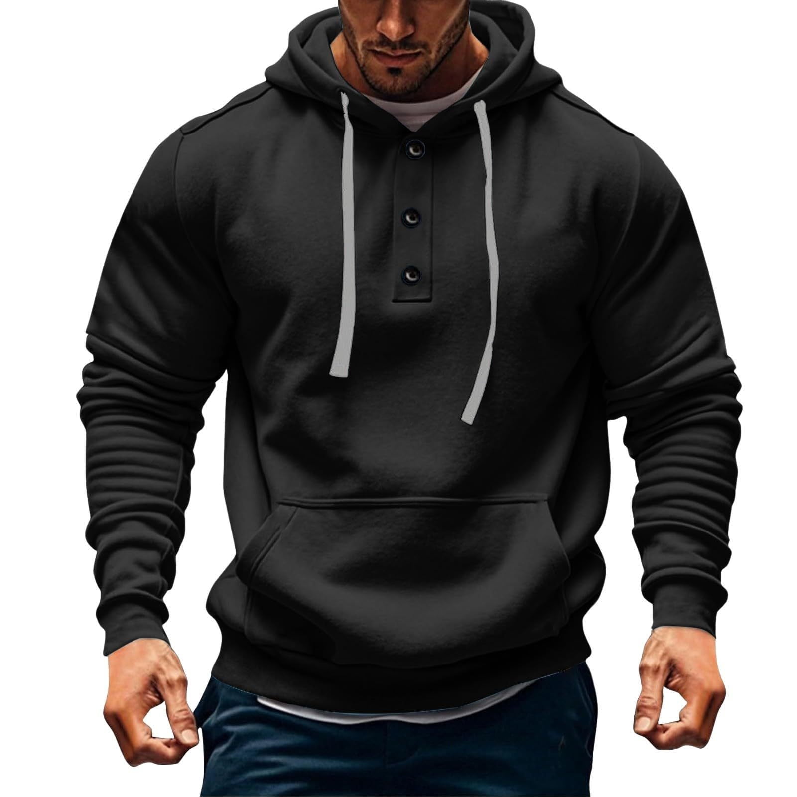 Aobny Hoodies for Men Pullover Henley Button Up Hooded Black ...