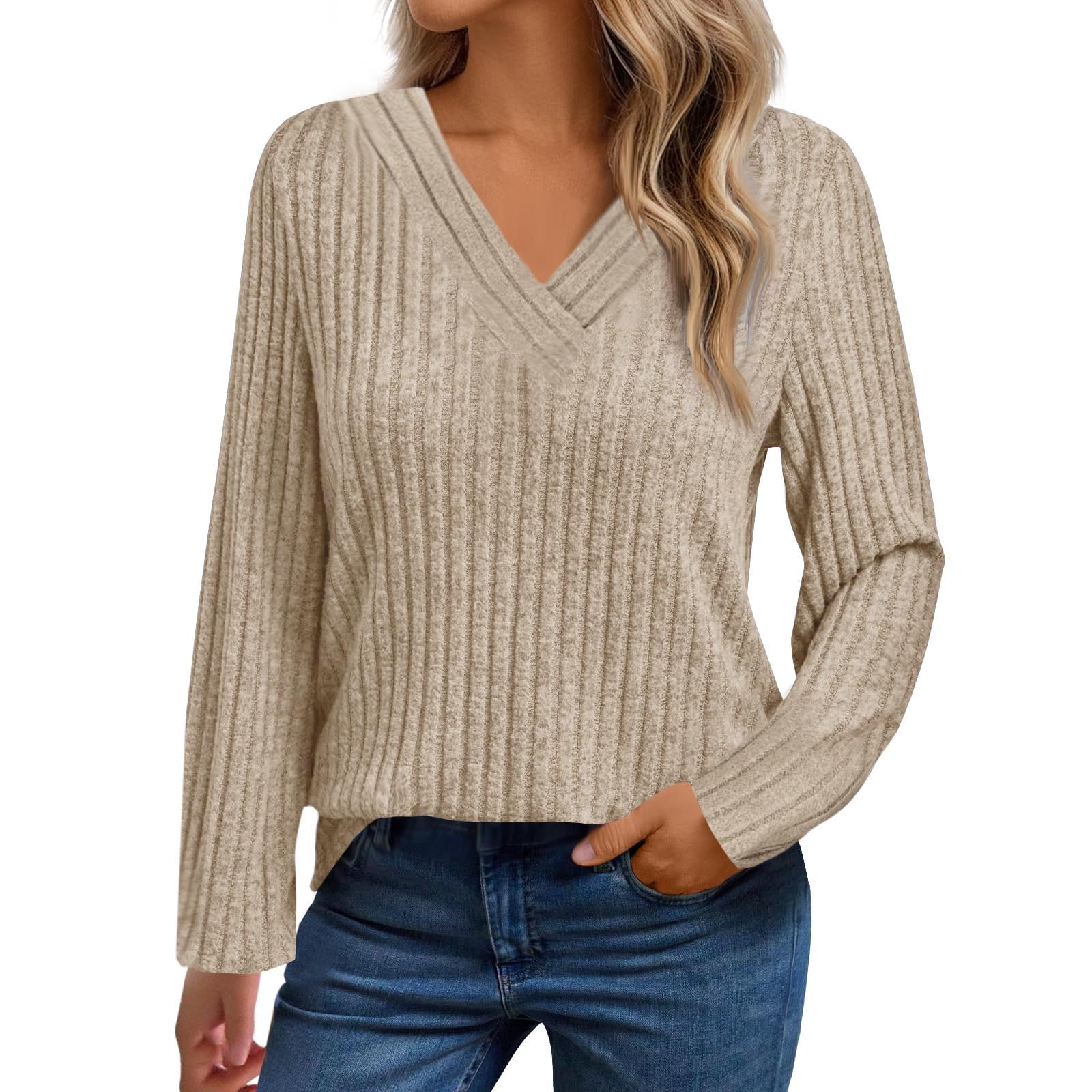 Aobny Knitted Tops for Women 2025 V-Neck Beige Long Sleeve Ribbed Tees ...