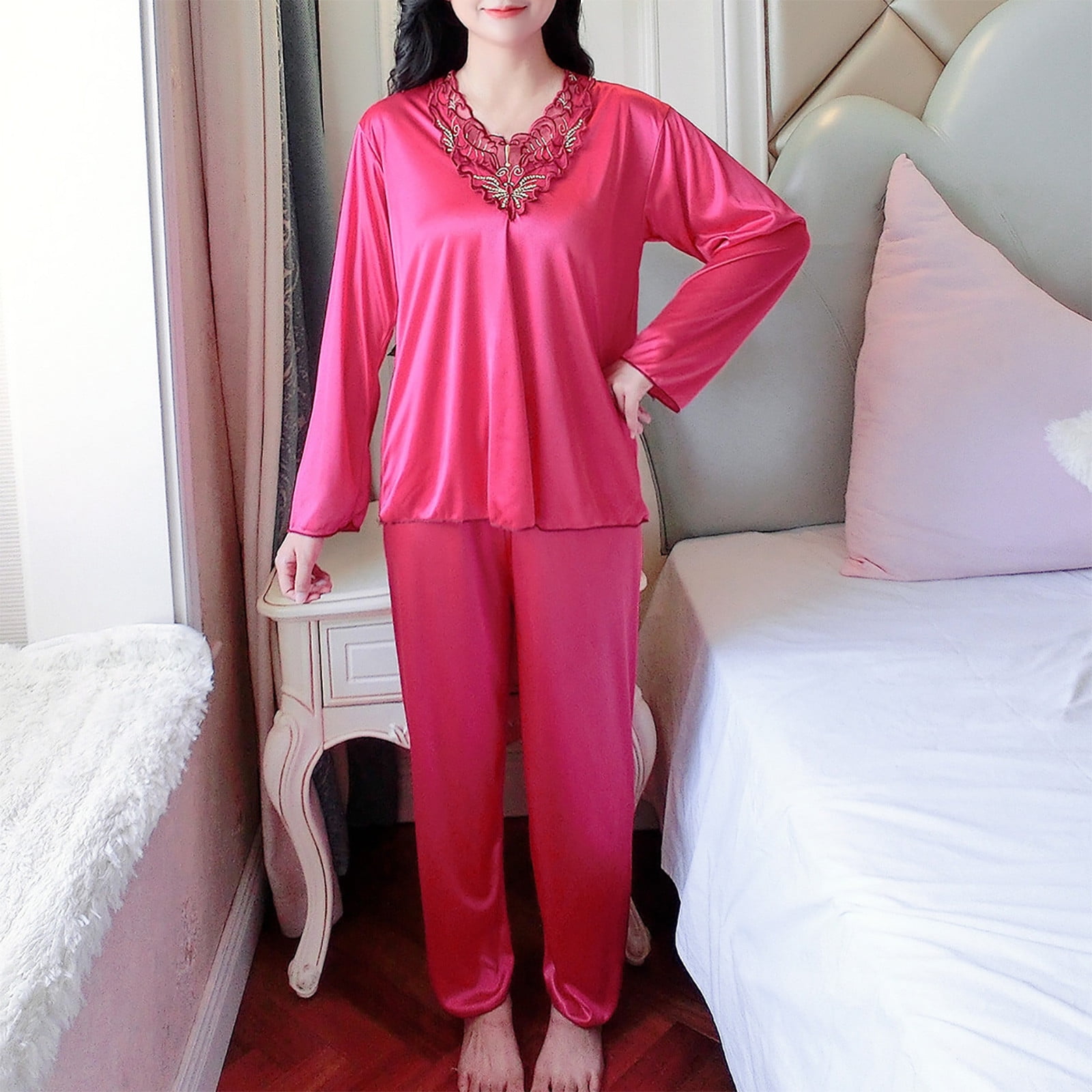 Aobny Lace Fancy Pajamas for Women's 2025 Red Sleepwear Sets Taper Silk ...