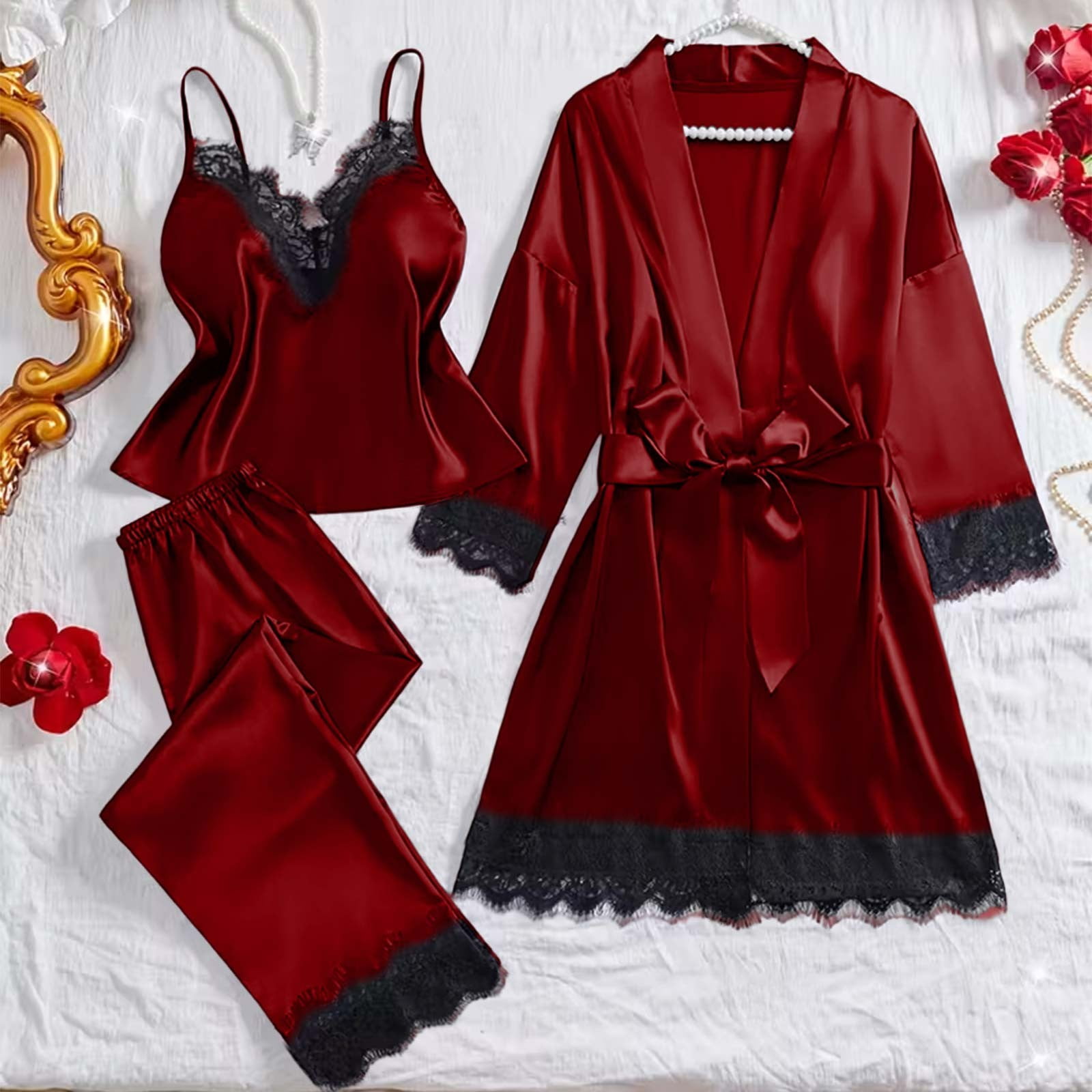 Aobny Lace Trim Pajama Set Women Satin Plus Size Pj Sets 3 Piece V-Neck ...