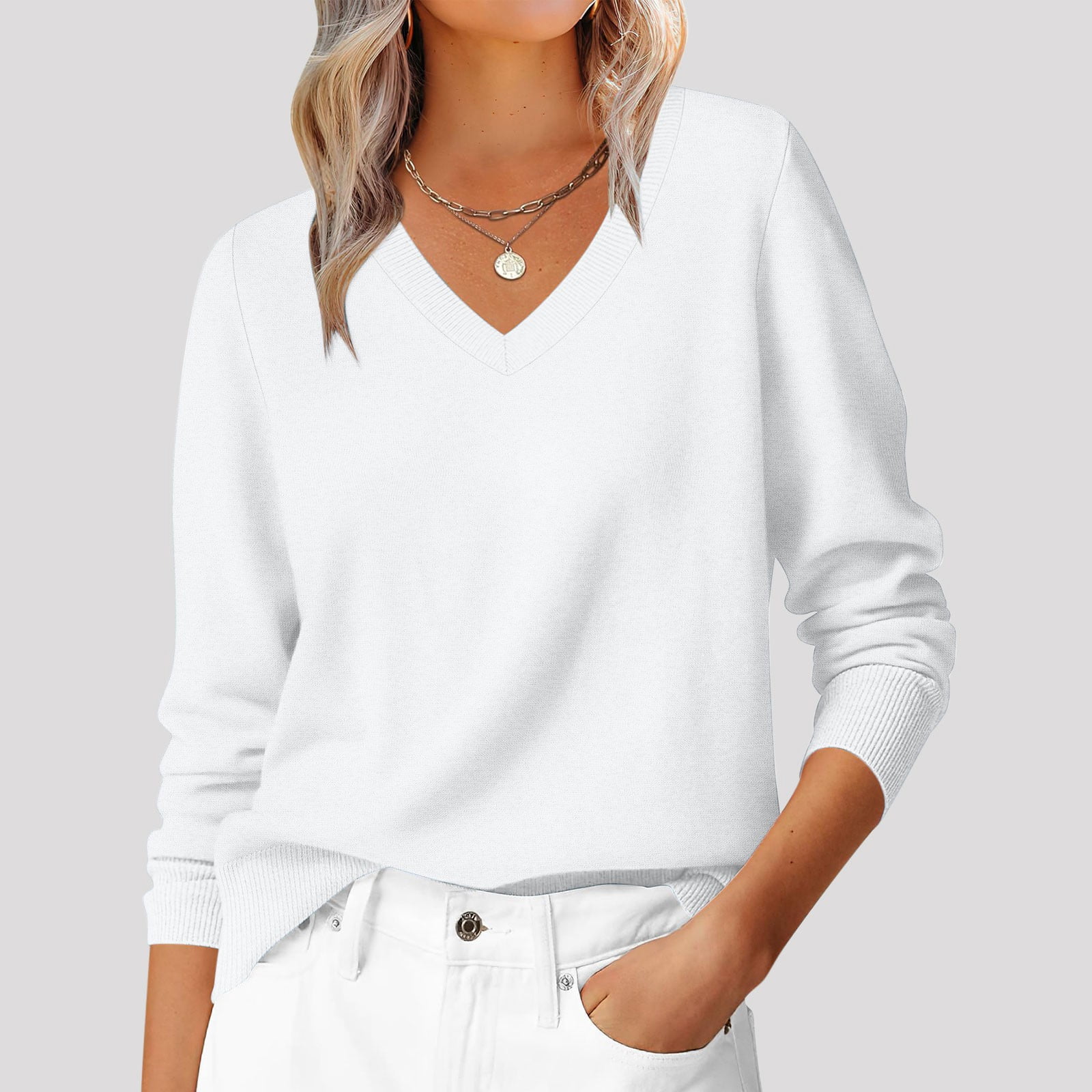 Aobny Long Sleeve Long Sweaters for Women Chunky V-Neck White Pullover ...