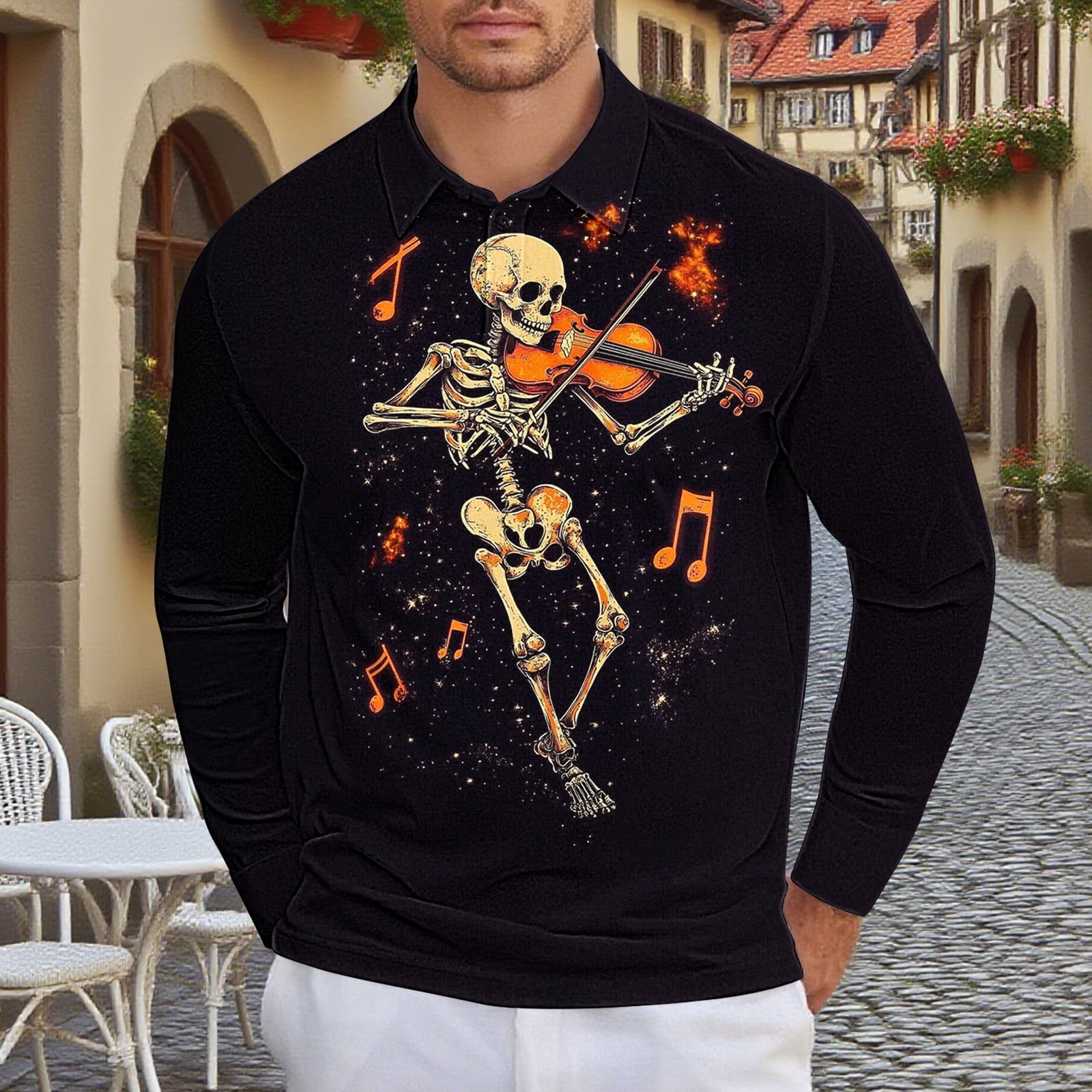 Aobny Long Sleeve Tshirt Halloween Button Black Collared Tees Men Polos ...