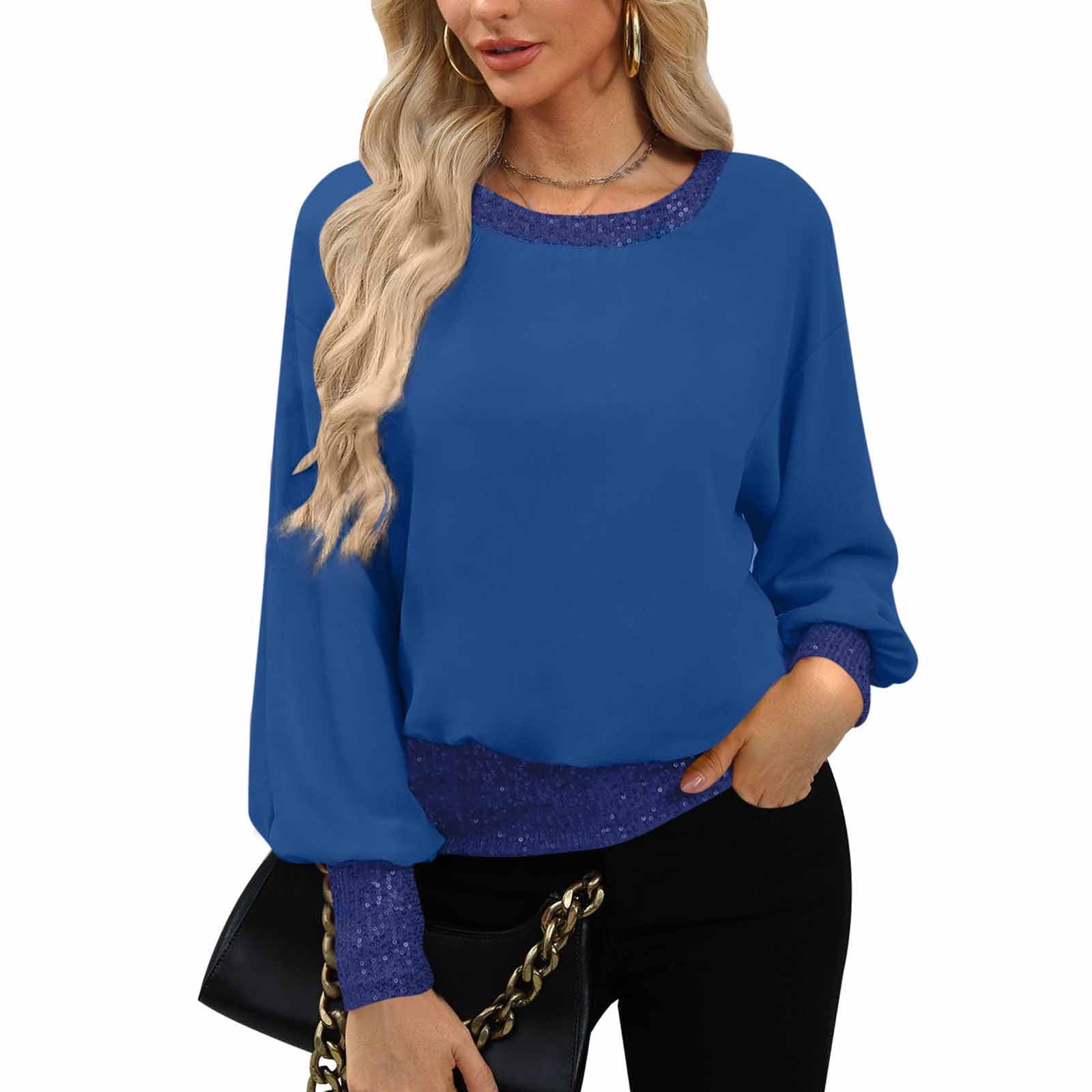 Aobny Long Sleeve Womens Clothing Blue Crew Neck Sequin Rave Shirts ...
