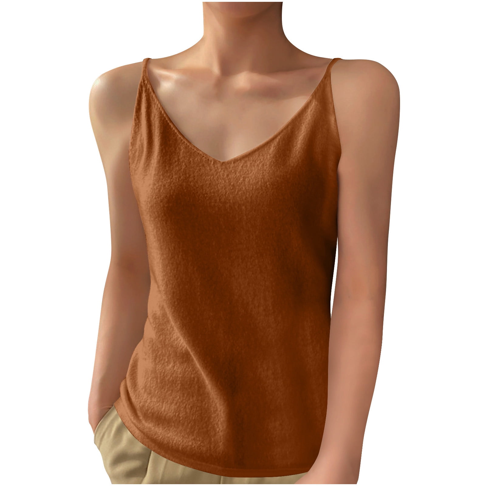 Aobny Loose Fitting Leisure Womens Tank Tops Flowy Brown Tops V Neck