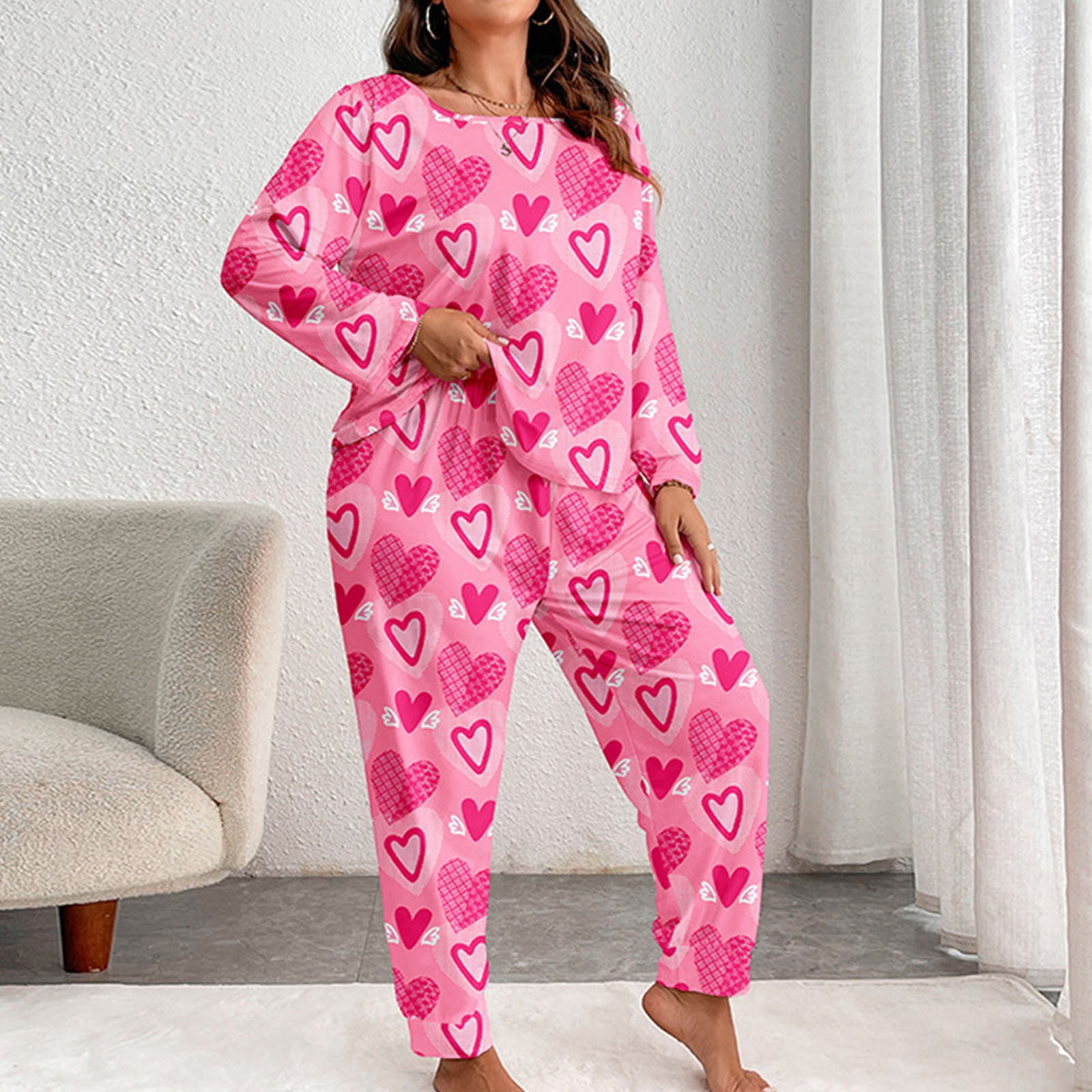 Aobny Lounge Women's Pajamas Pink Plus Size Sleepwear Sets Long Sleeve ...