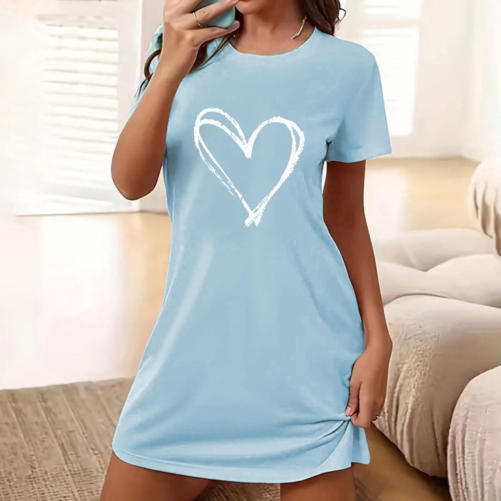Aobny Love Heart Sleep Shirts for Women Plus Size Sleep Dresses Blue ...