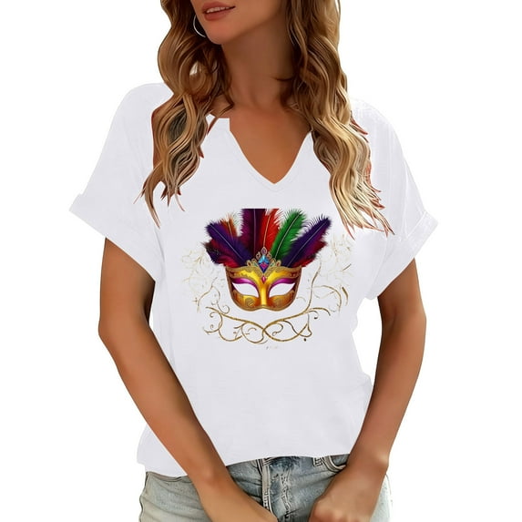 Aobny Mardi Gras Fall Blouse Carnival Womens Tops Short Sleeve White ...