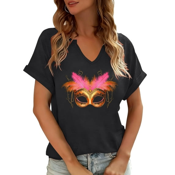 Aobny Mardi Gras Womens Shirts Carnival T Shirt V-Neck Black Pullover ...