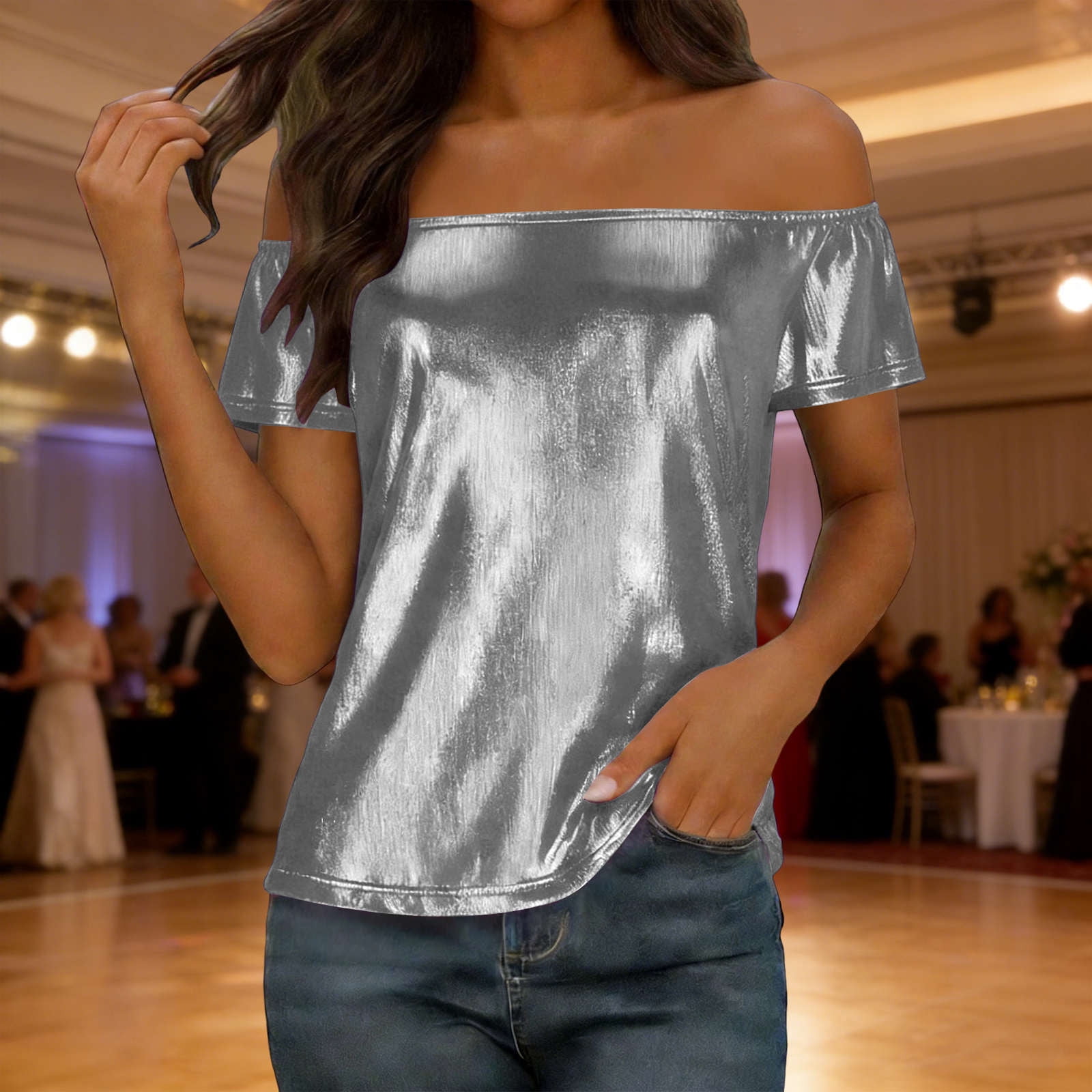 Aobny Metallic Womens Tshirts Party Off Shoulder Tshirt Silver Boat ...